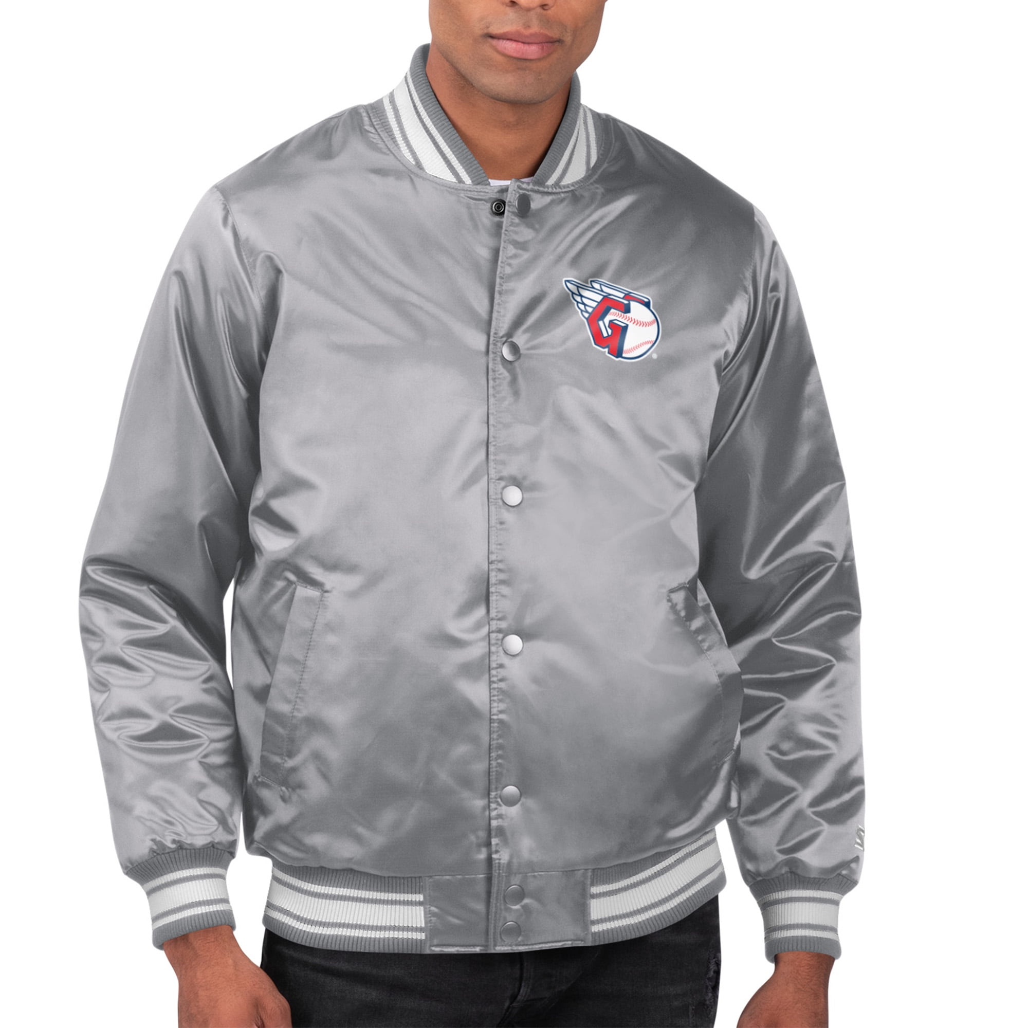 Men's Starter Gray Cleveland Guardians Printed Team Logo Satin Varsity Full-Snap Jacket ...