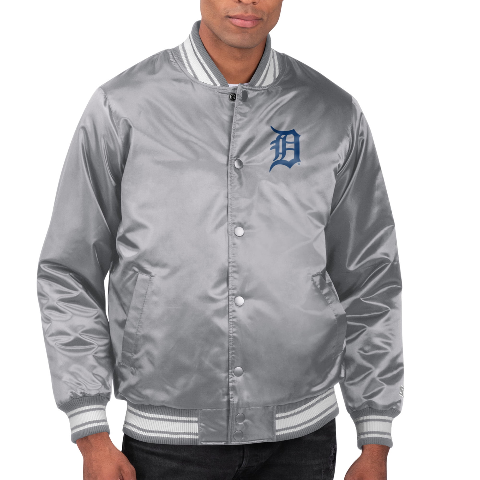 Men's Starter Gray Detroit Tigers Printed Team Logo Satin Varsity Full ...