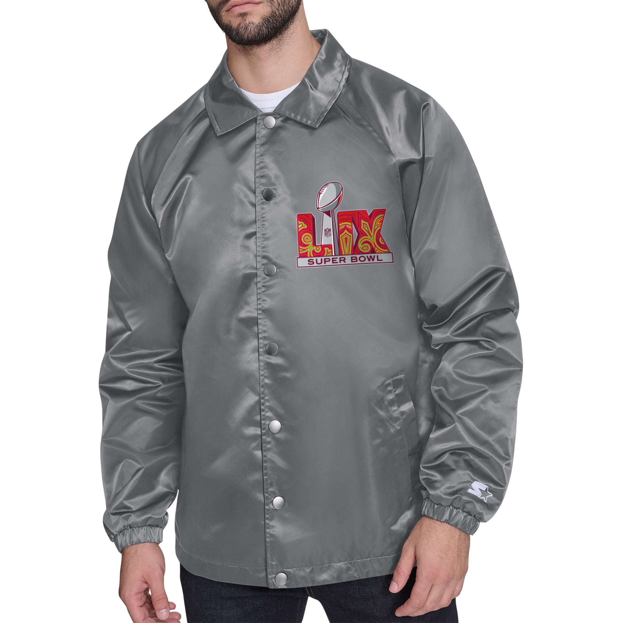 Men's Starter Gray Super Bowl LIX Coaches Satin Varsity Full-Snap ...