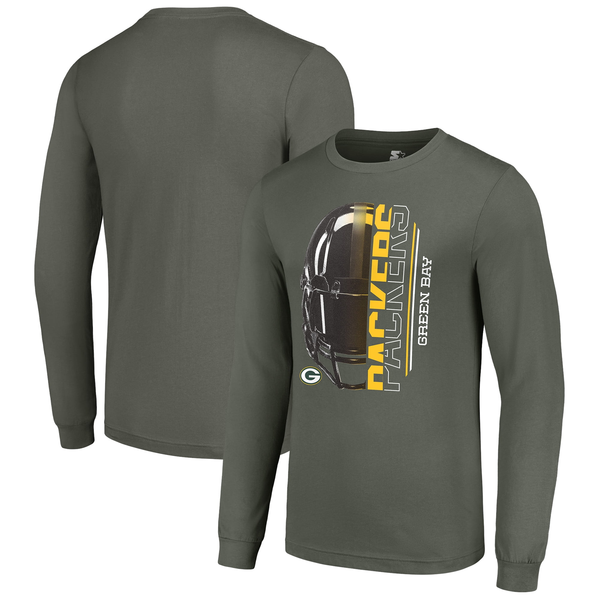 Men's Starter Green Green Bay Packers Half Helmet Logo Long Sleeve T ...
