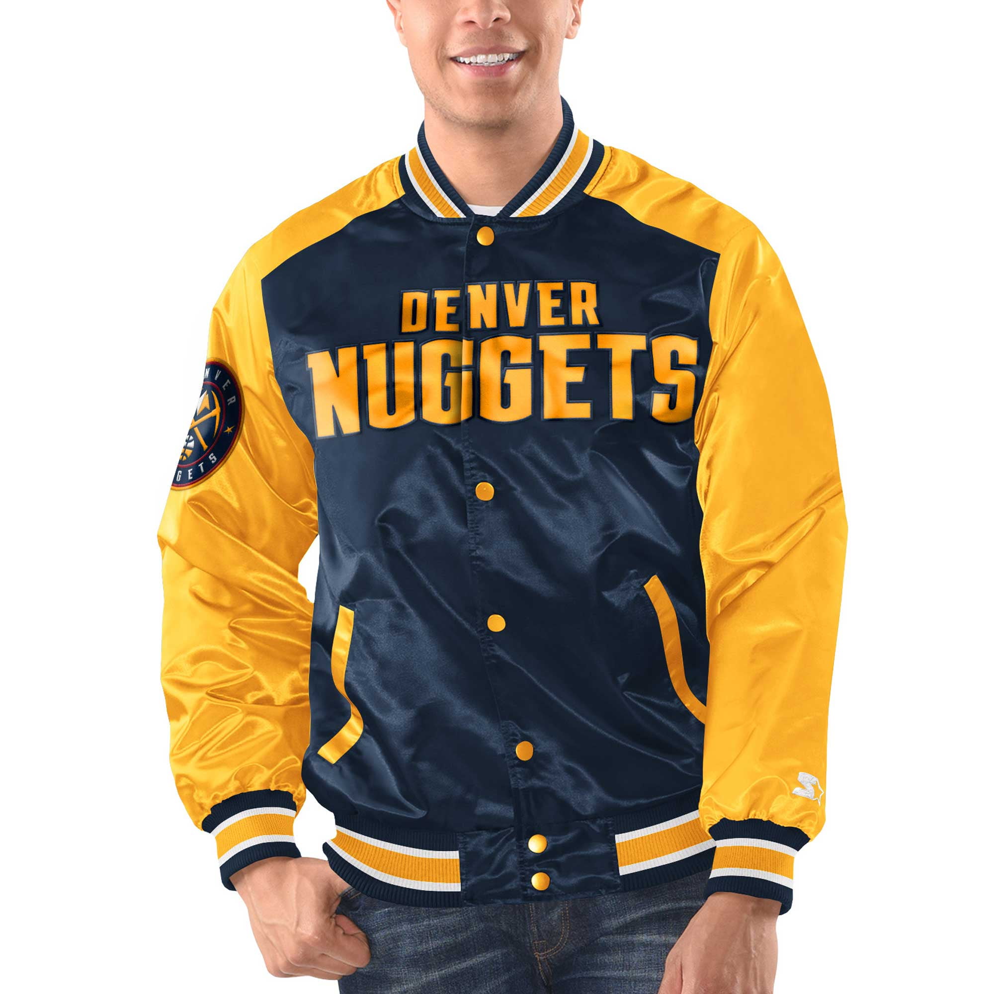 Men's Starter Navy/Gold Denver Nuggets Renegade Satin Full-Snap Varsity ...