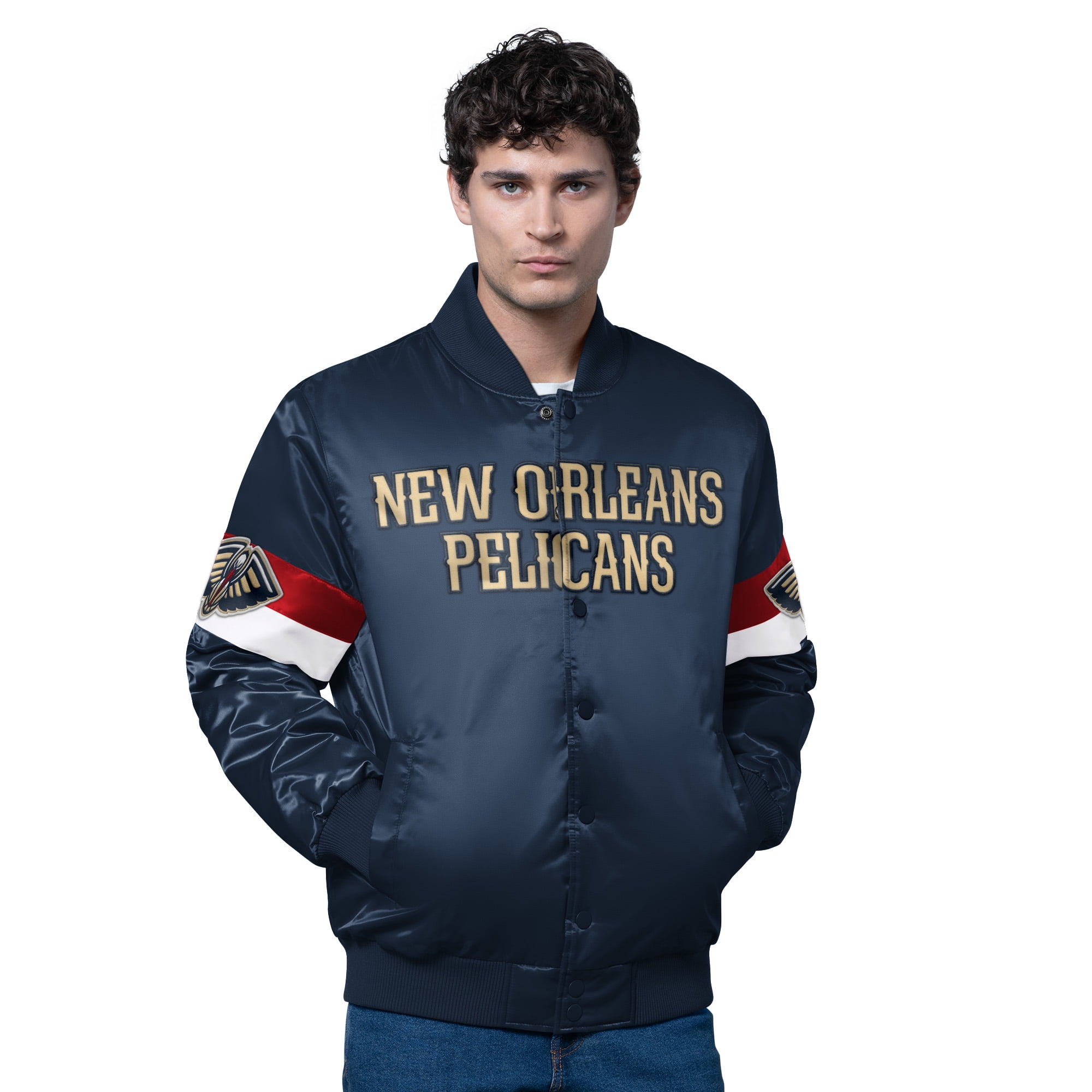 Men's Starter Navy New Orleans Pelicans Triple Option Varsity Full-Snap ...