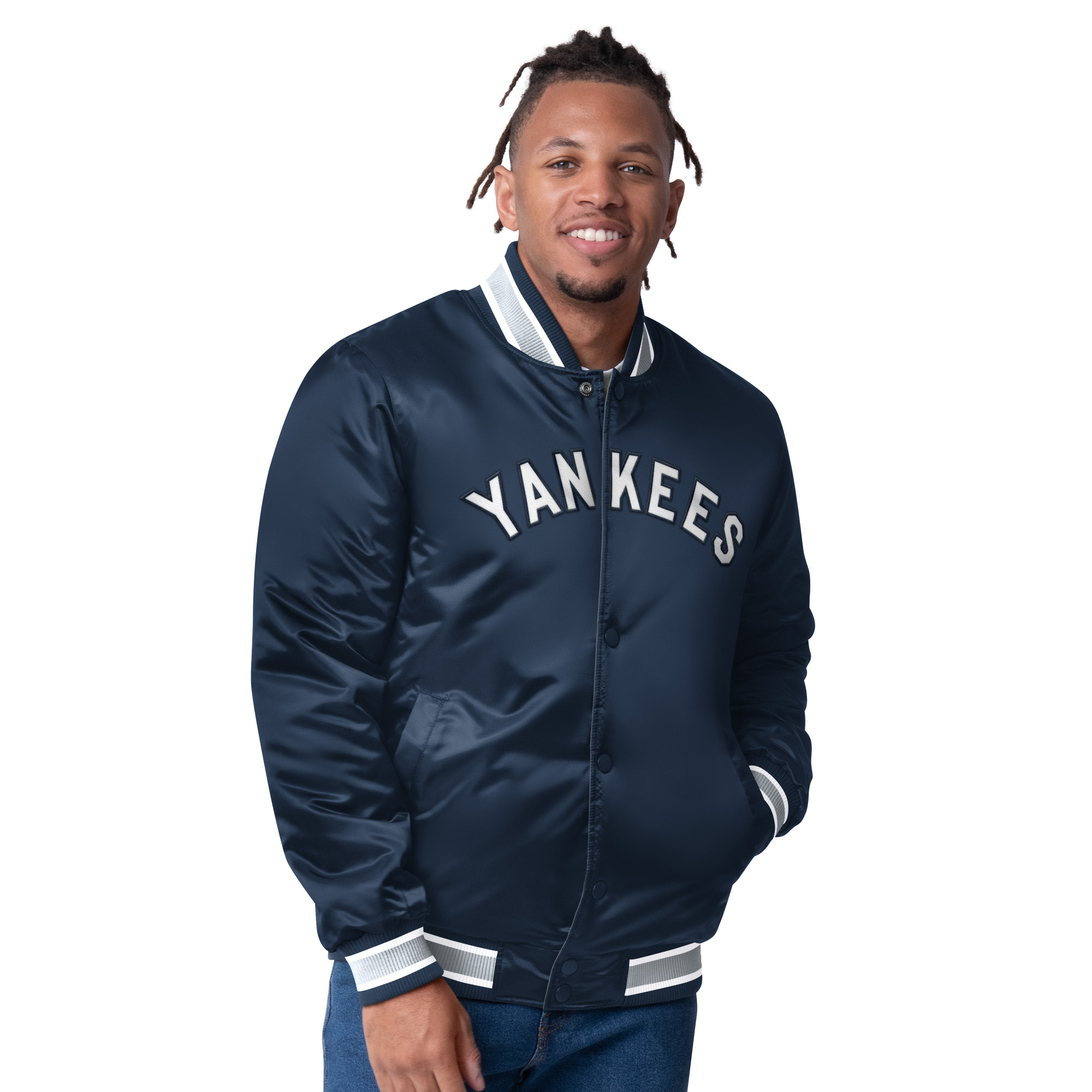 Men's Starter Navy New York Yankees Full-Snap Satin Jacket - Walmart.com