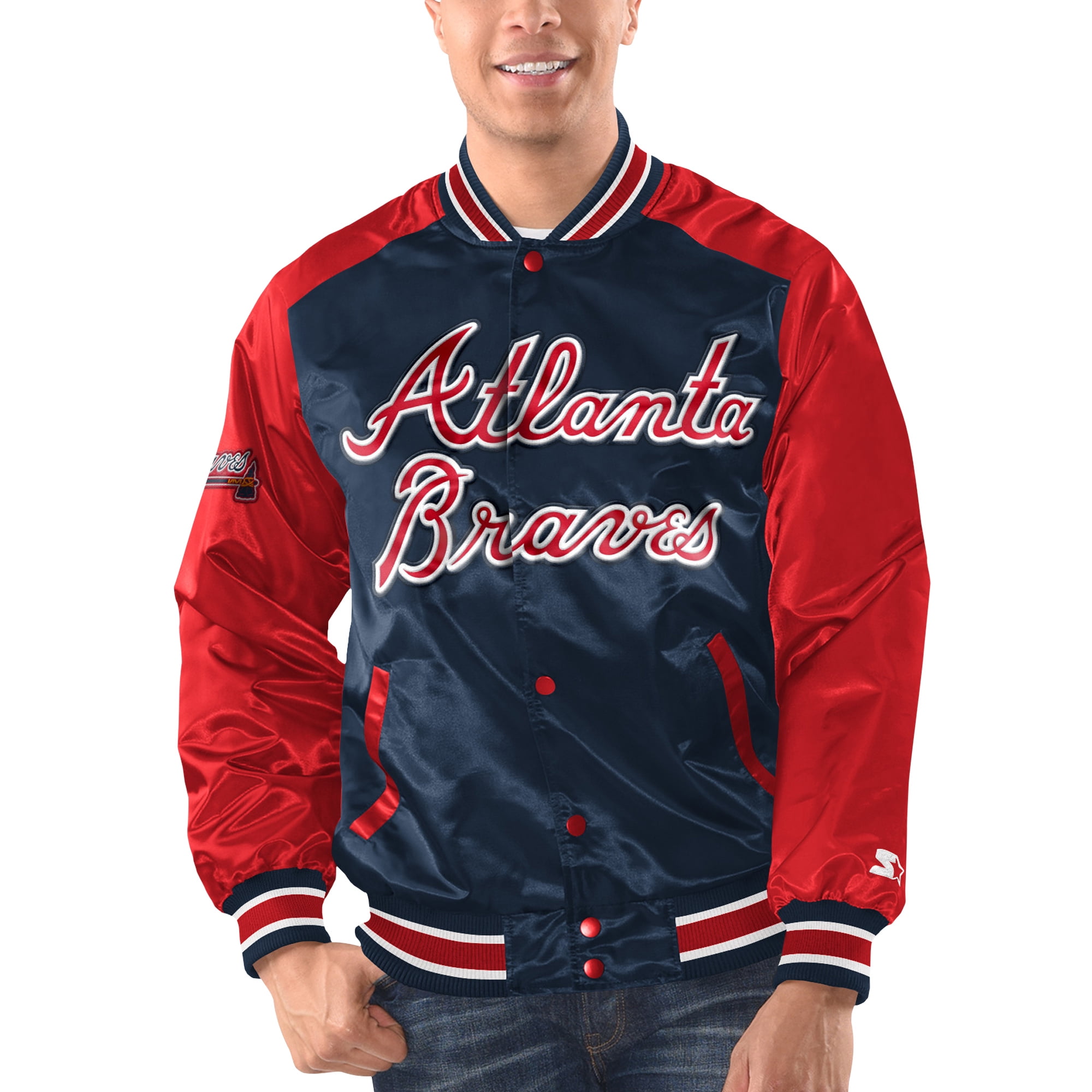 Men's Starter Navy/Red Atlanta Braves Varsity Satin Full-Snap Jacket ...