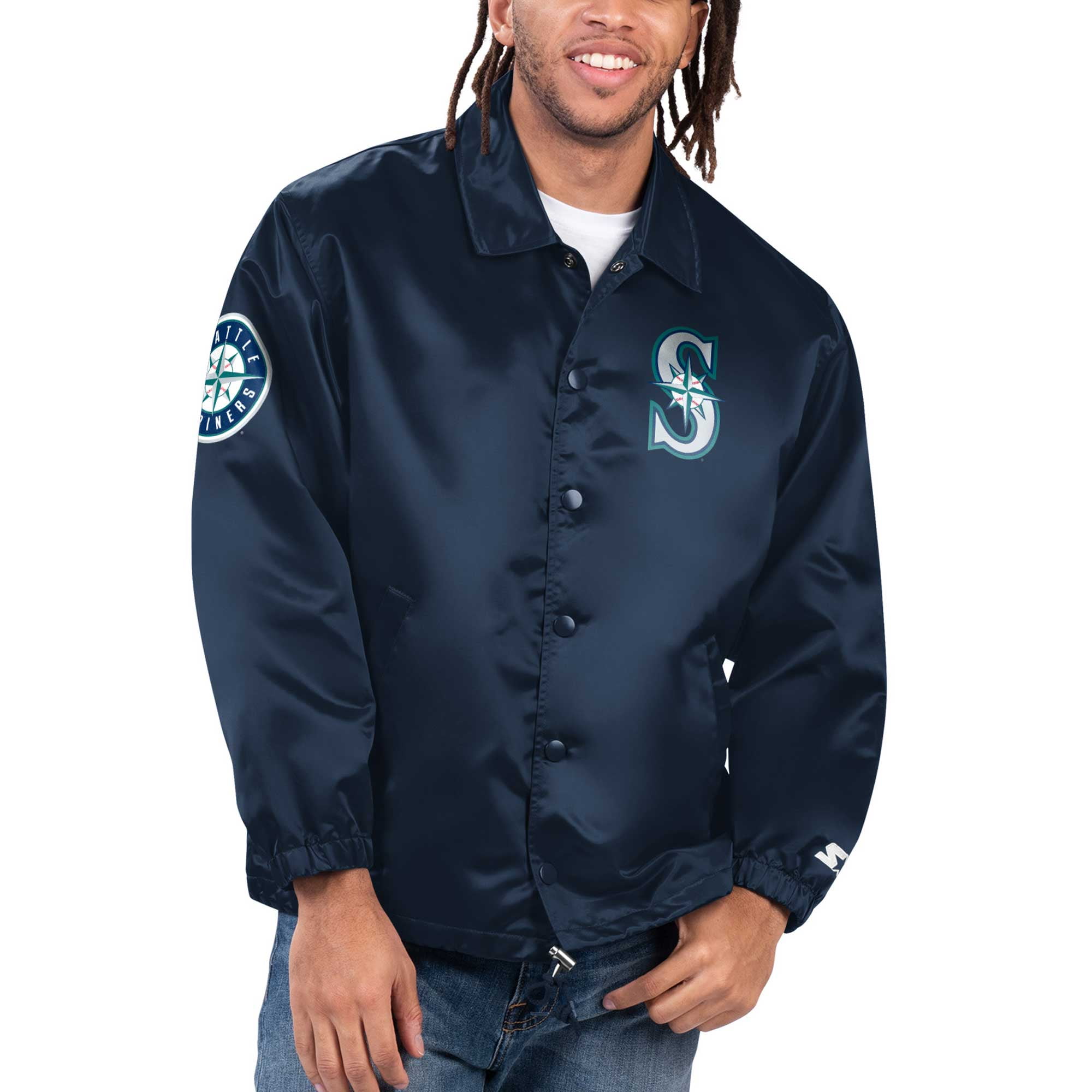 Men's Starter Navy Seattle Mariners Option Route Satin Full-Snap Jacket ...