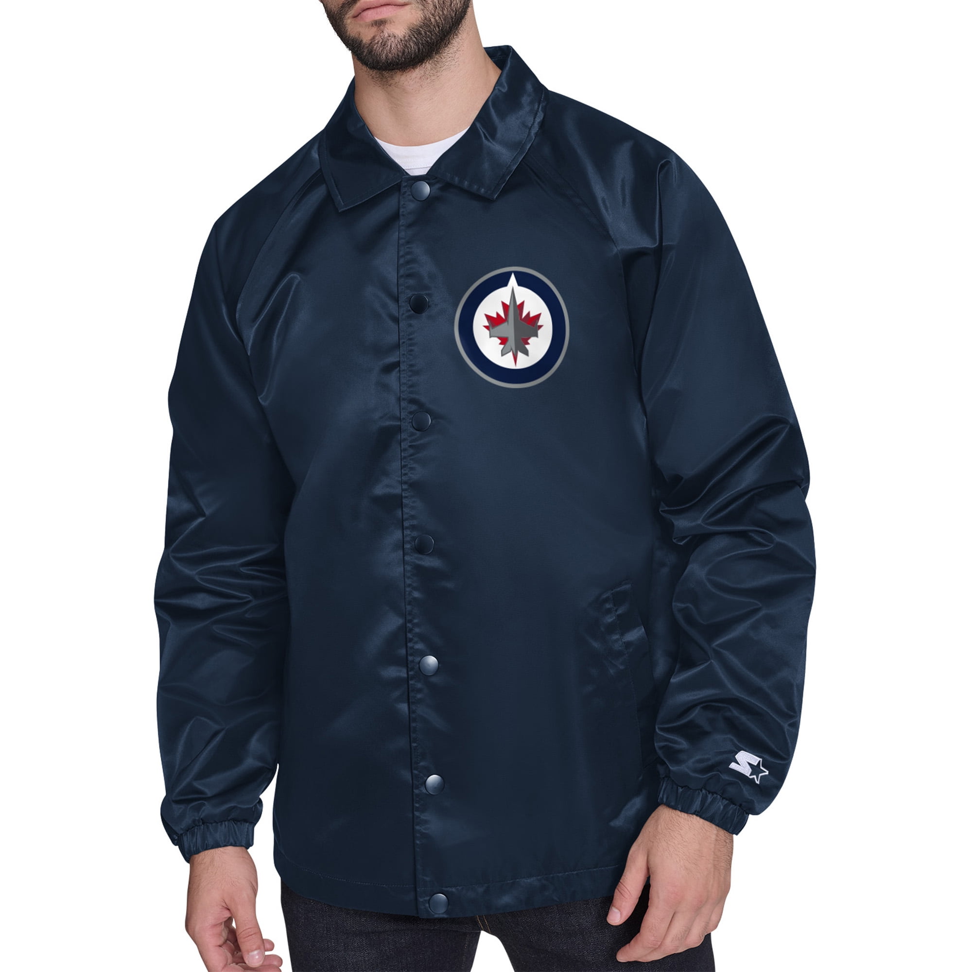 Men's Starter Navy Winnipeg Jets Printed Logo Coaches Full-Snap Jacket ...