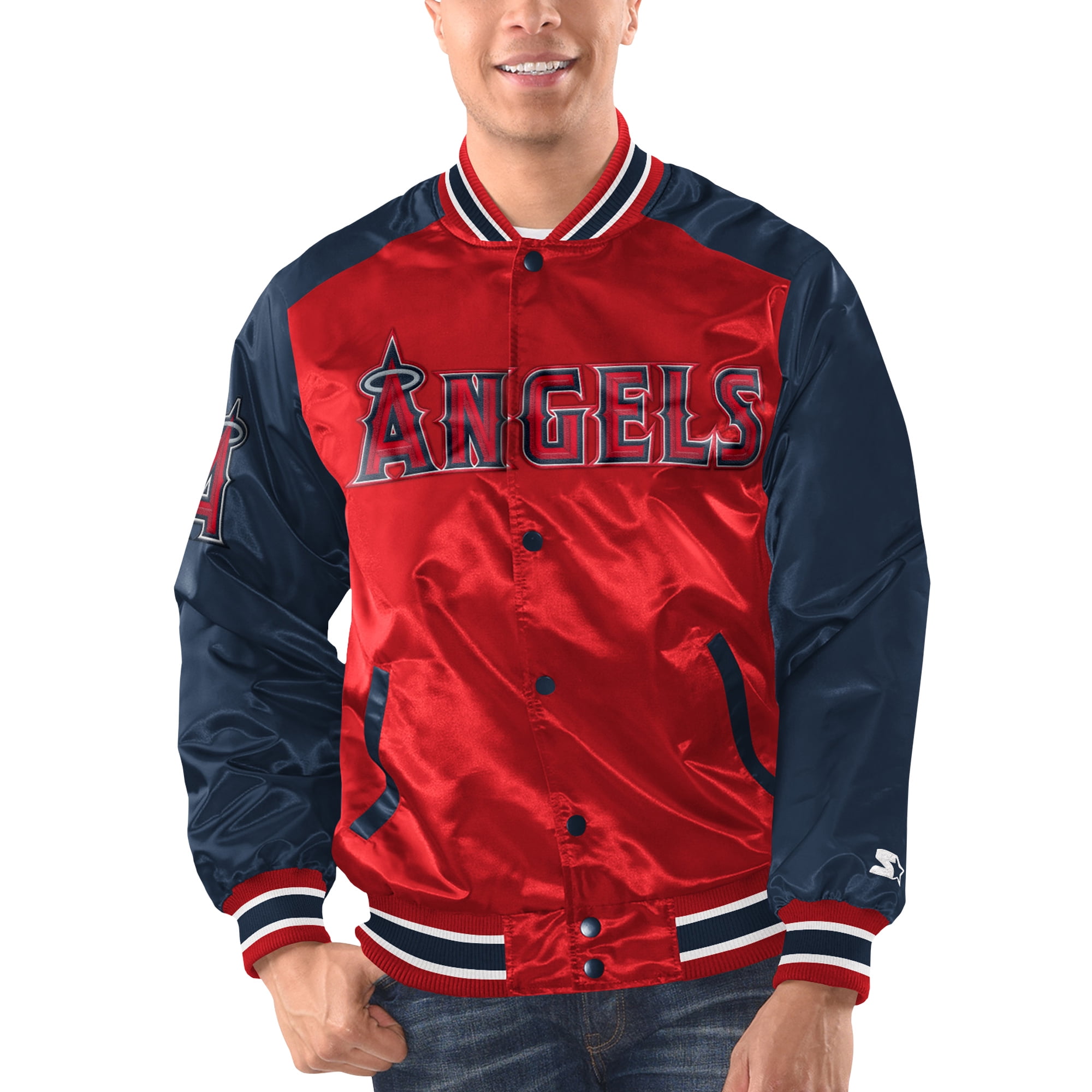 Men's Starter Red/Navy Los Angeles Angels Varsity Satin Full-Snap ...
