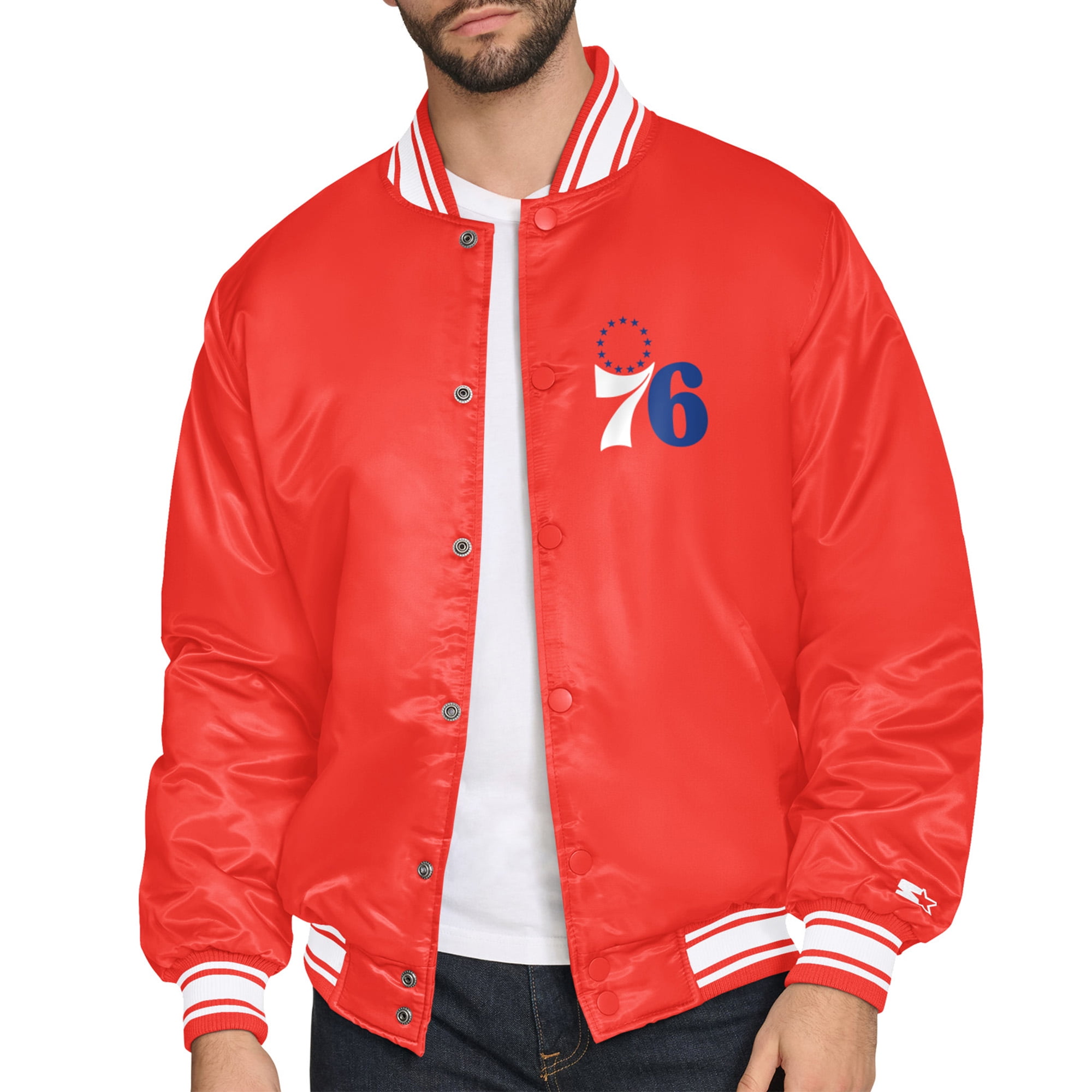 Men's Starter Red Philadelphia 76ers Printed Team Logo Satin Varsity ...