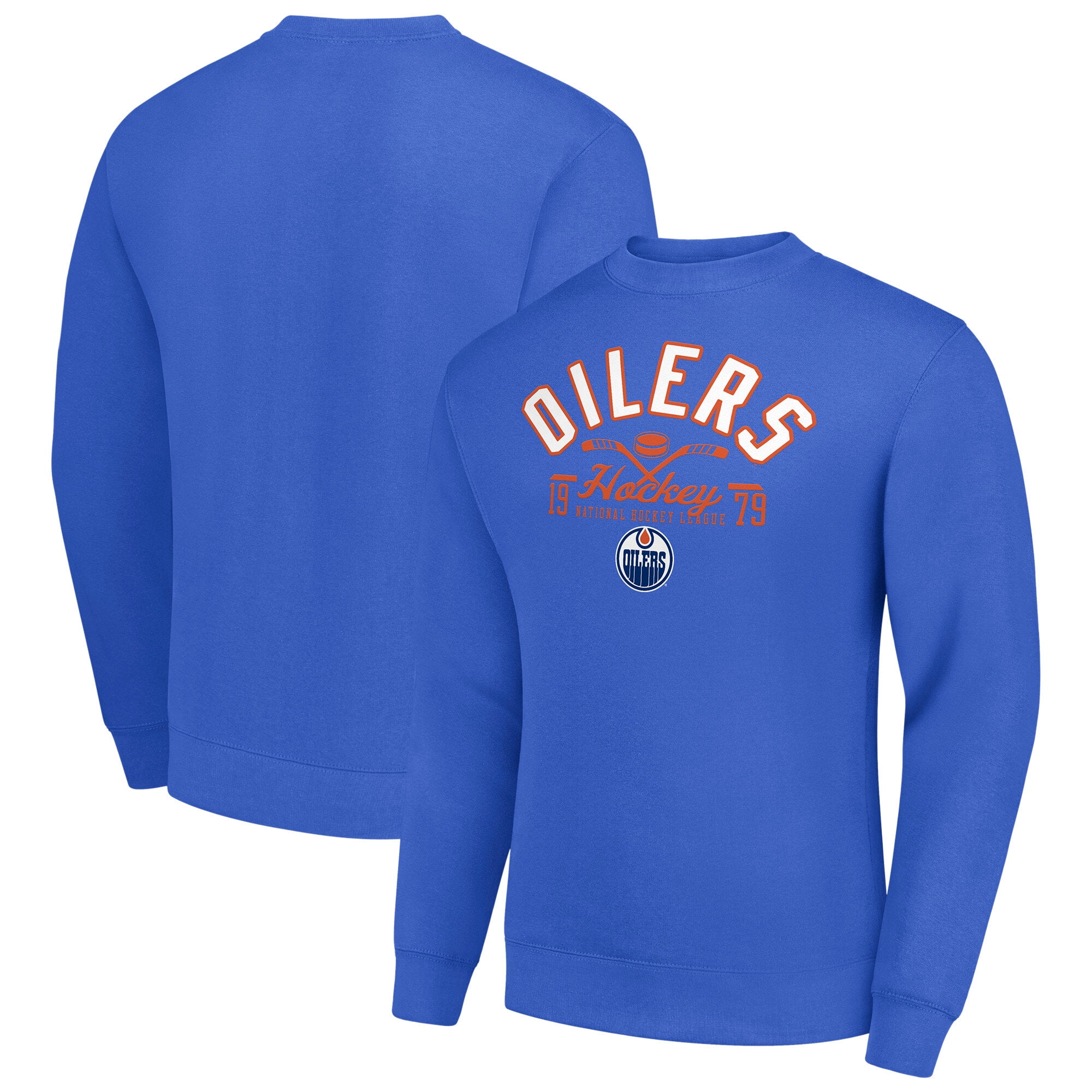 Men's Starter Royal Edmonton Oilers Stick And Puck Logo Fleece Pullover ...