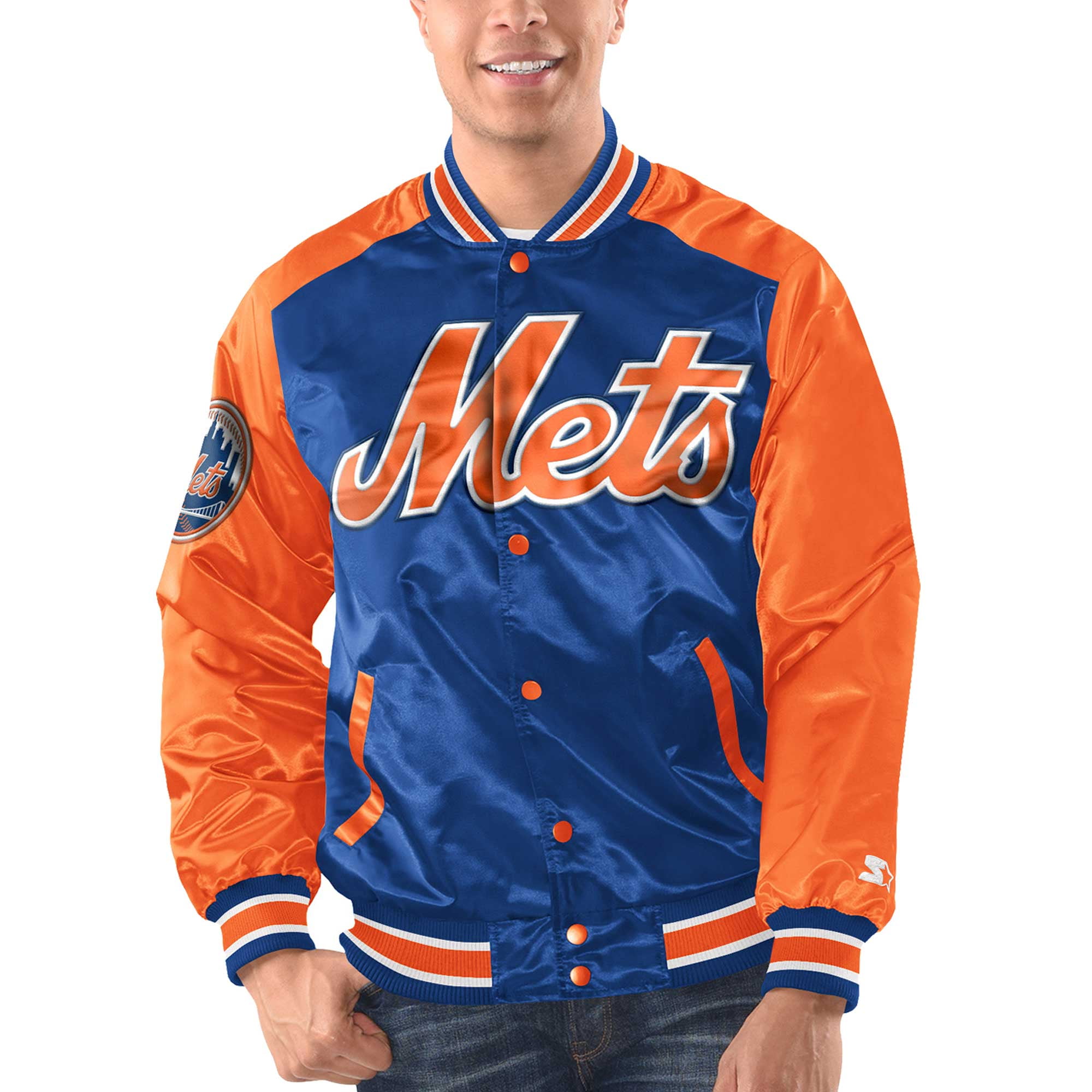 Men's Starter Royal/Orange New York Mets Varsity Satin Full-Snap Jacket ...