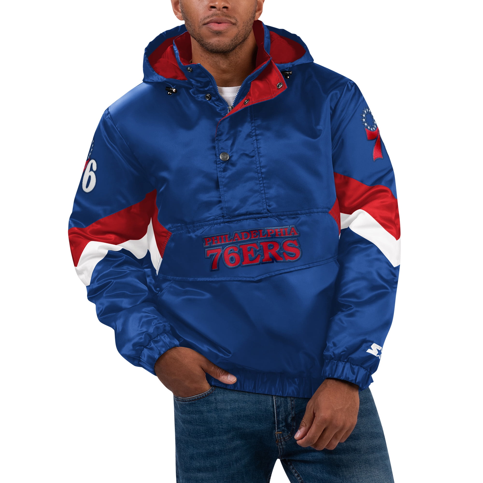 Men's Starter Royal Philadelphia 76ers Force Play Satin Hoodie Half-Zip ...