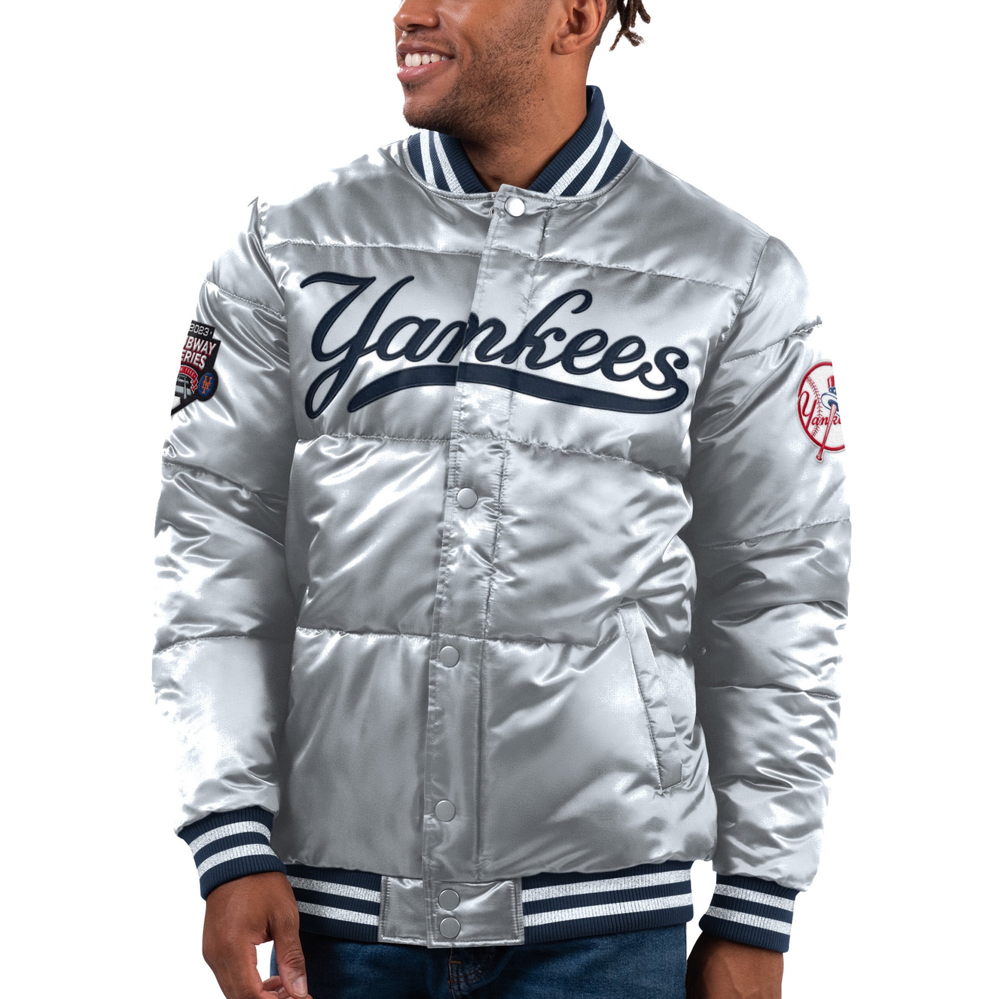 Men's Starter Silver New York Yankees Bronx Satin Full-Snap Varsity ...