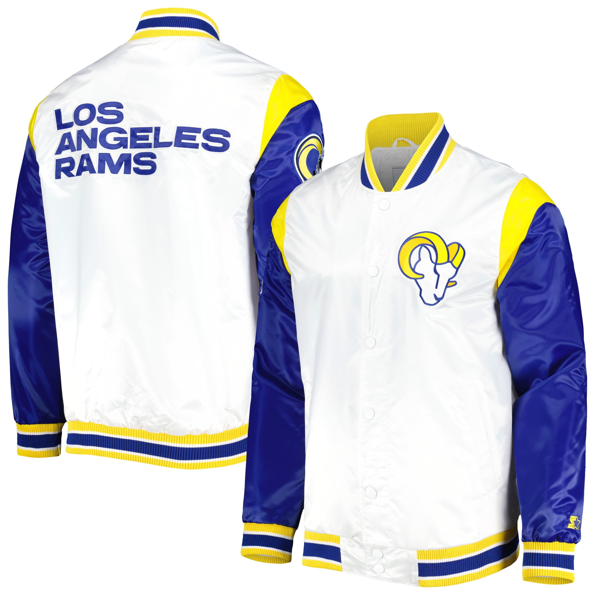 Men's Starter White Los Angeles Rams Throwback Warm Up Pitch Satin Full ...
