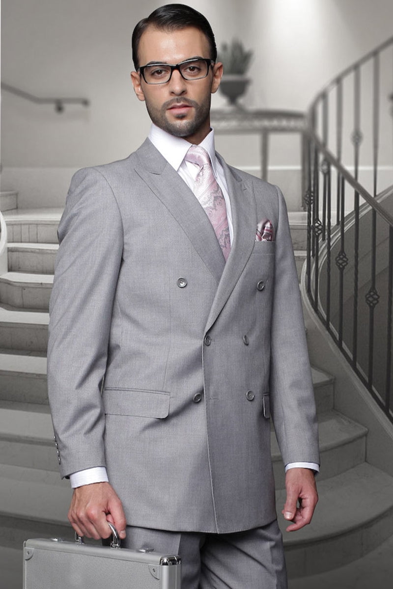 Men's Statement Suits Grey Double Breasted Wool Suit 48 Regular ...