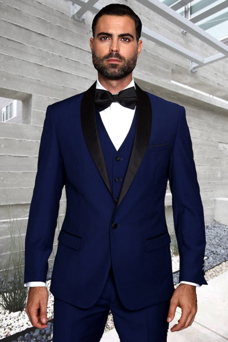 Men's Statement Suits Sapphire Blue and Black Shawl Lapel Tuxedo 46 ...