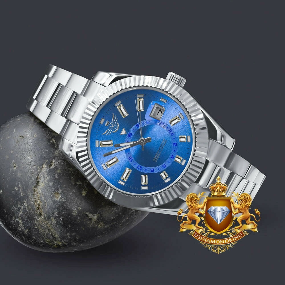 Men's Steel Blue Dial 18K White Gold Tone Simulated Diamond 40mm Watch ...