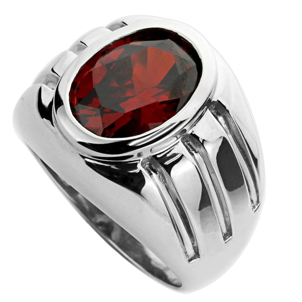 Men's Sterling Silver Oval Cut Simulated Garnet CZ Domed Mens Cocktail ...