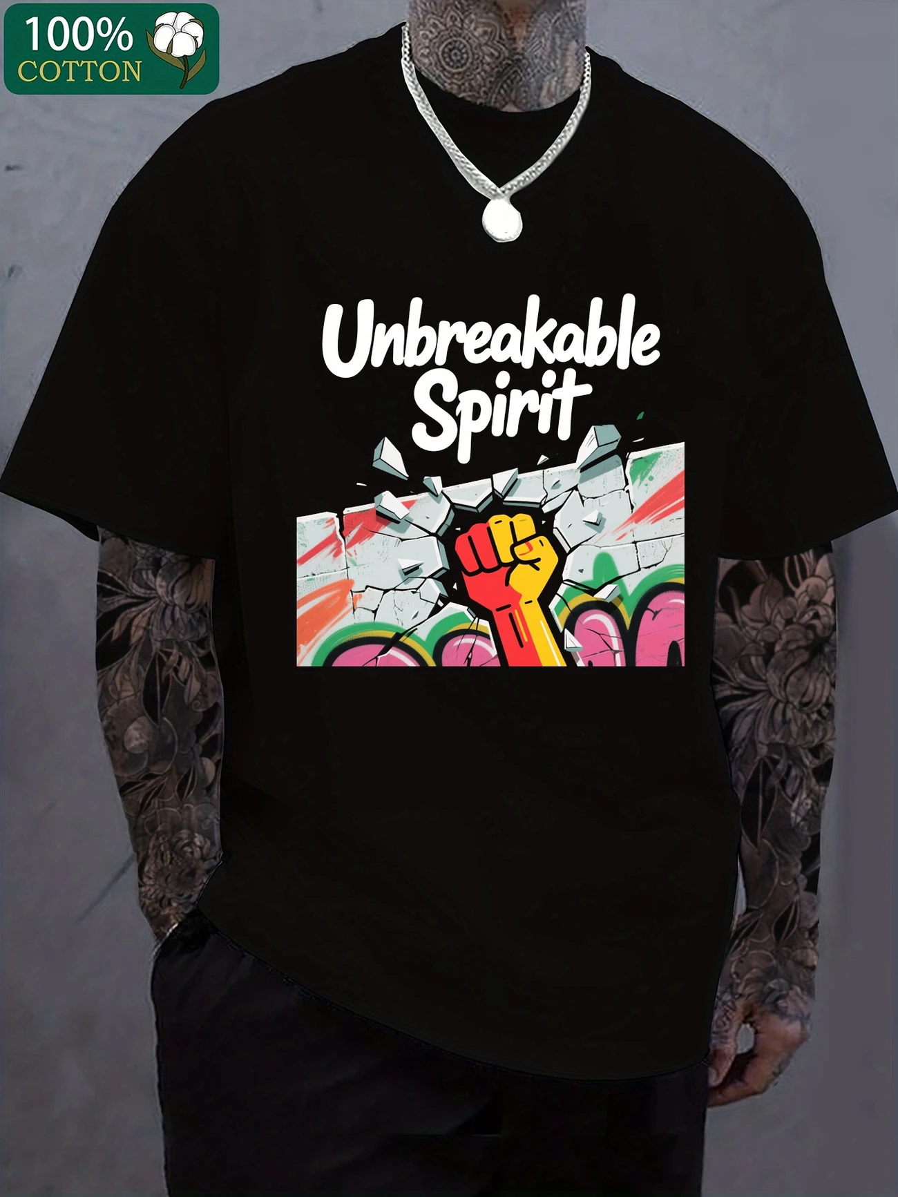 Men's Streetwear Graphic T-Shirt - Black with Graffiti "Unbreakable ...
