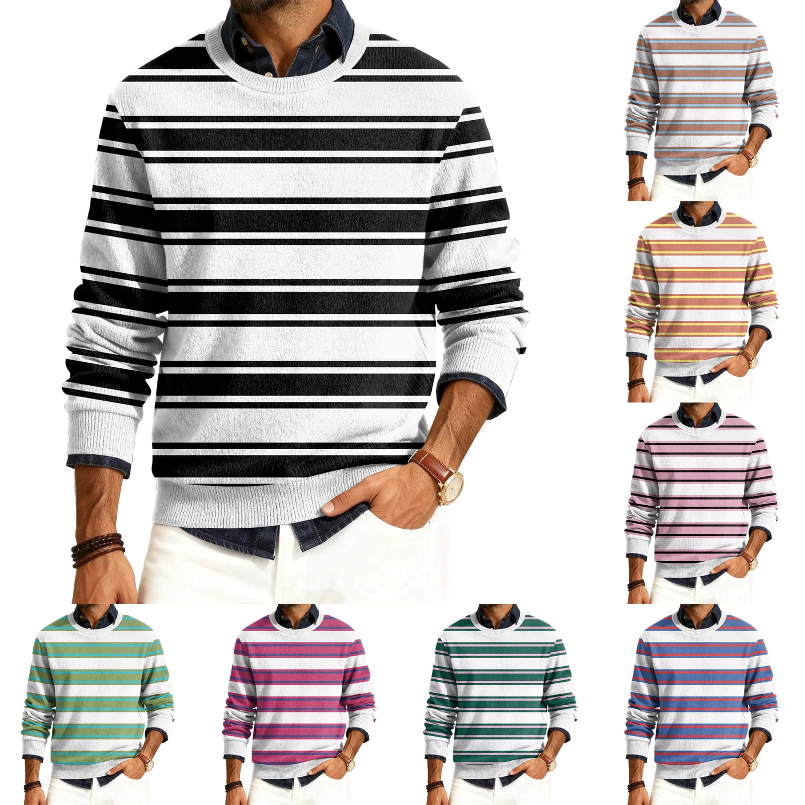 Men's Stripe Print Round Neck Long Sleeve Ribbed Knit Pullover, Sweater ...
