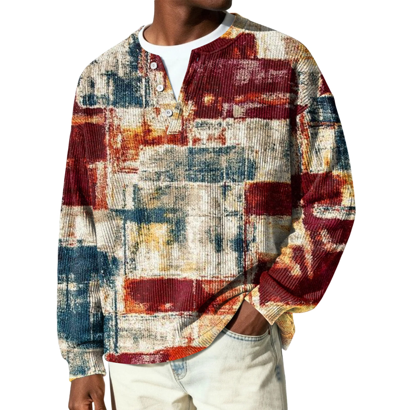 Men's Striped Henley Sweater, Long Sleeve Ribbed Knit Pullover, Cozy ...