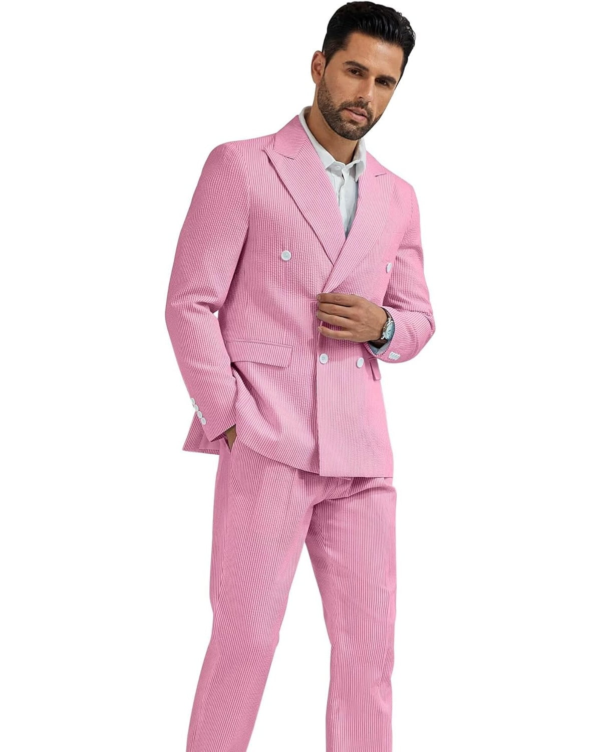 Men's Striped Seersucker Suits 2 Piece Slim Fit Wedding Double Breasted ...