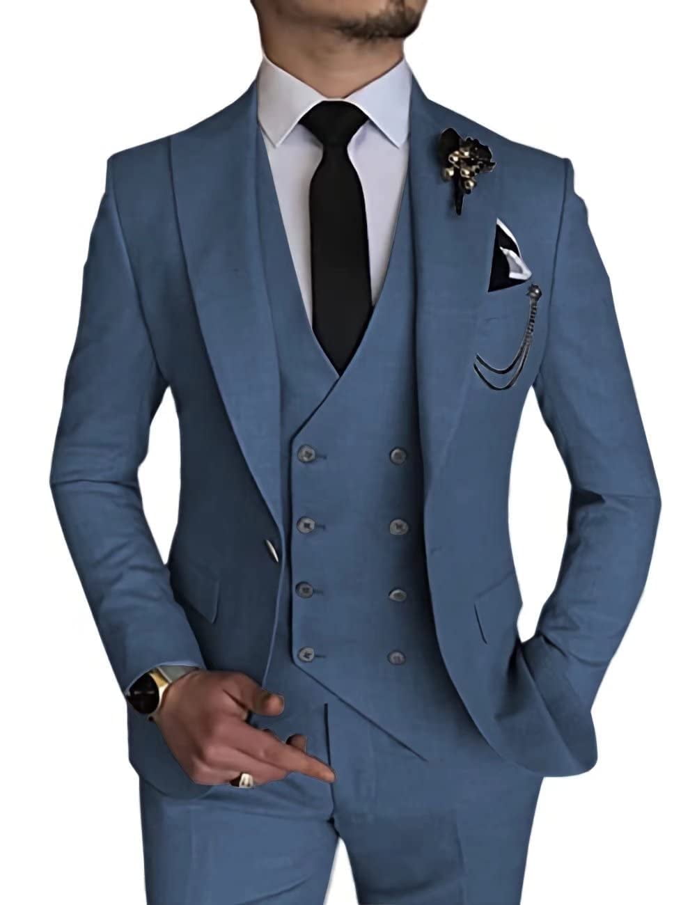 TRANSCOSMOS Men's Slim Fit 3 Piece Suit, Double Breasted, Dusty Blue ...