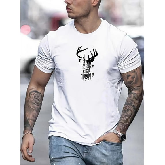 Men's Summer Casual T-Shirt with Deer Head Design - Breathable ...