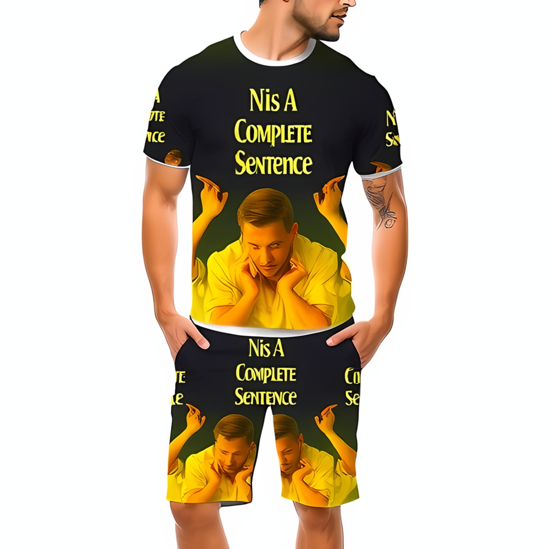 Men's Summer Outfit Set: Black T-Shirt & Shorts with Vibrant Graphic of ...