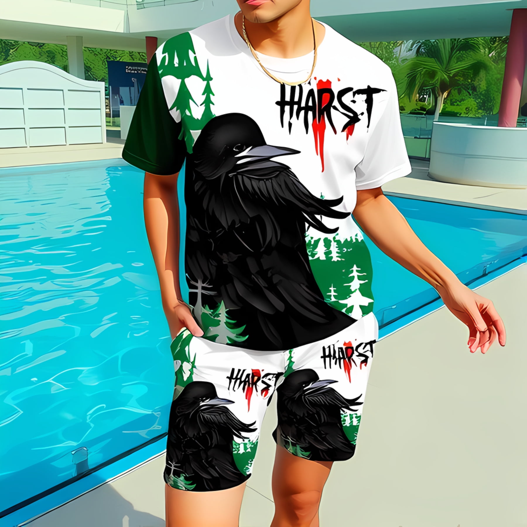 Men's Summer T-Shirt and Shorts Set - Vibrant Print with Trees & HARST ...