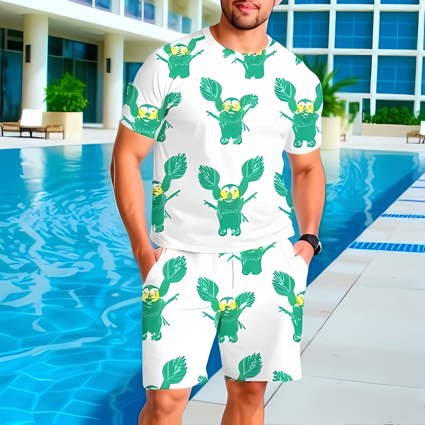 Men's Summer T-Shirt and Shorts Set - White with Playful Cartoon Green ...