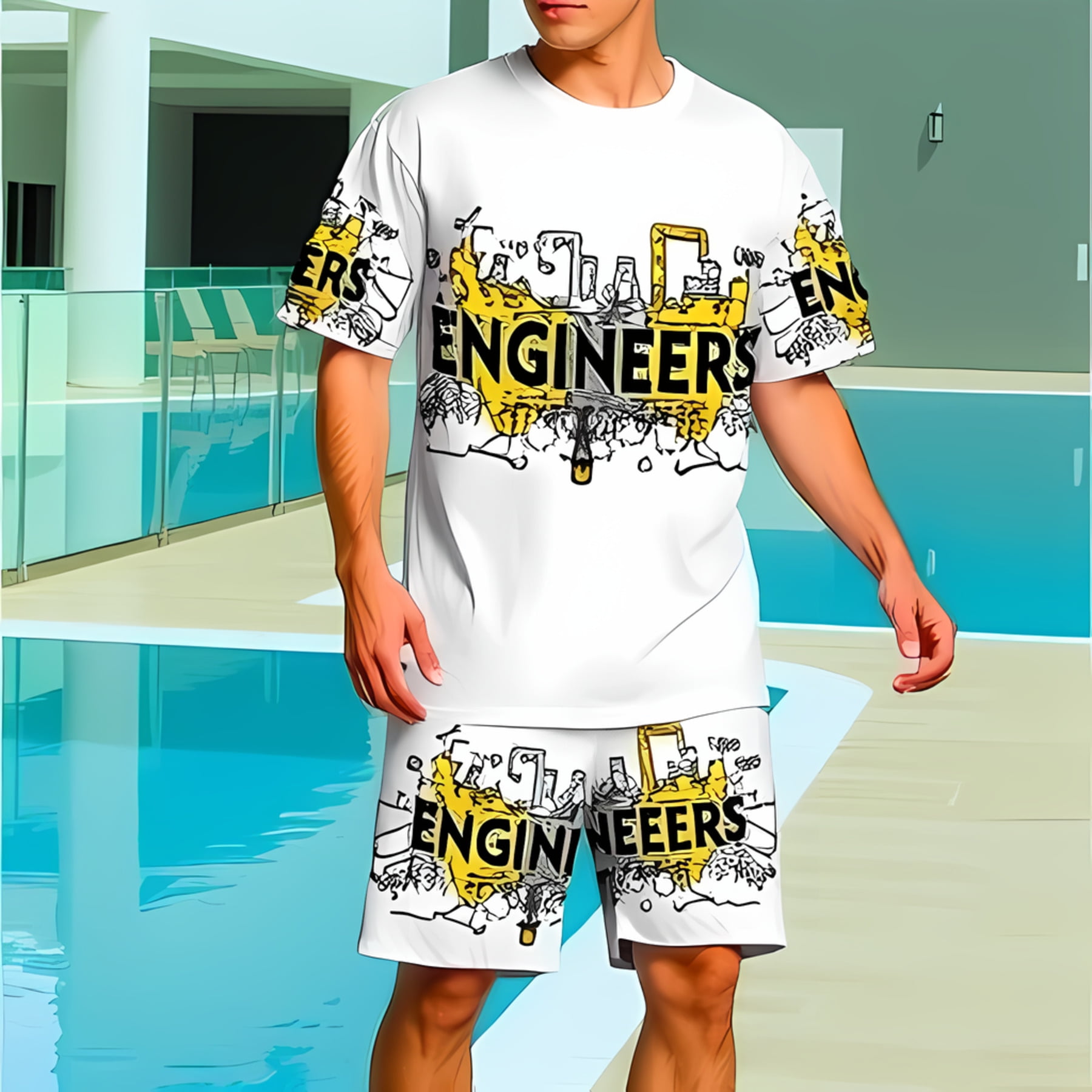 Men's Summer Two-Piece Set: White T-Shirt & Shorts with Bold 'ENGINEERS' Design & Engineering ...