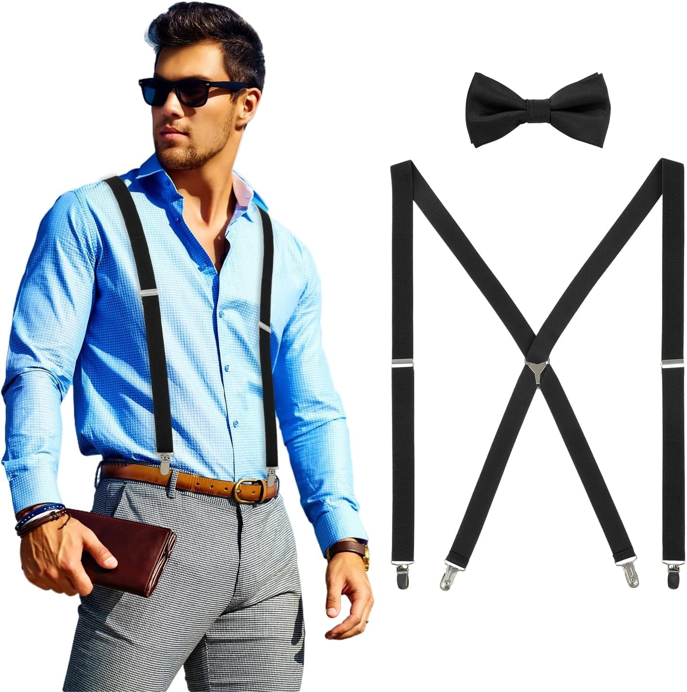 Men's Suspender and Bow Tie for Wedding，1 Inch Wide Adjustable Elastic ...