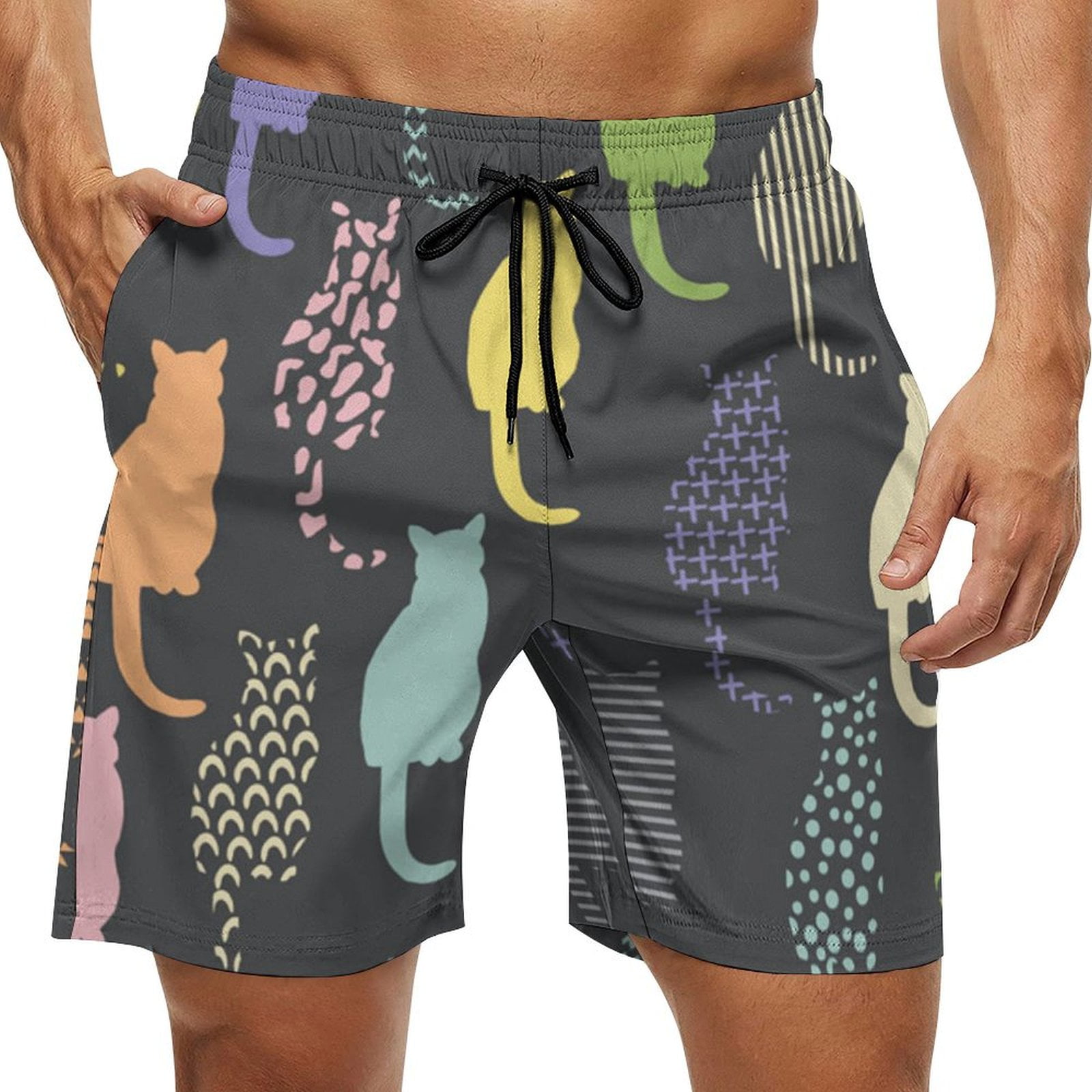 Mens Swim Trunks Quick Dry Swimming Trunks Cat Silhouette Colorful Gray Seamless Beach Shorts
