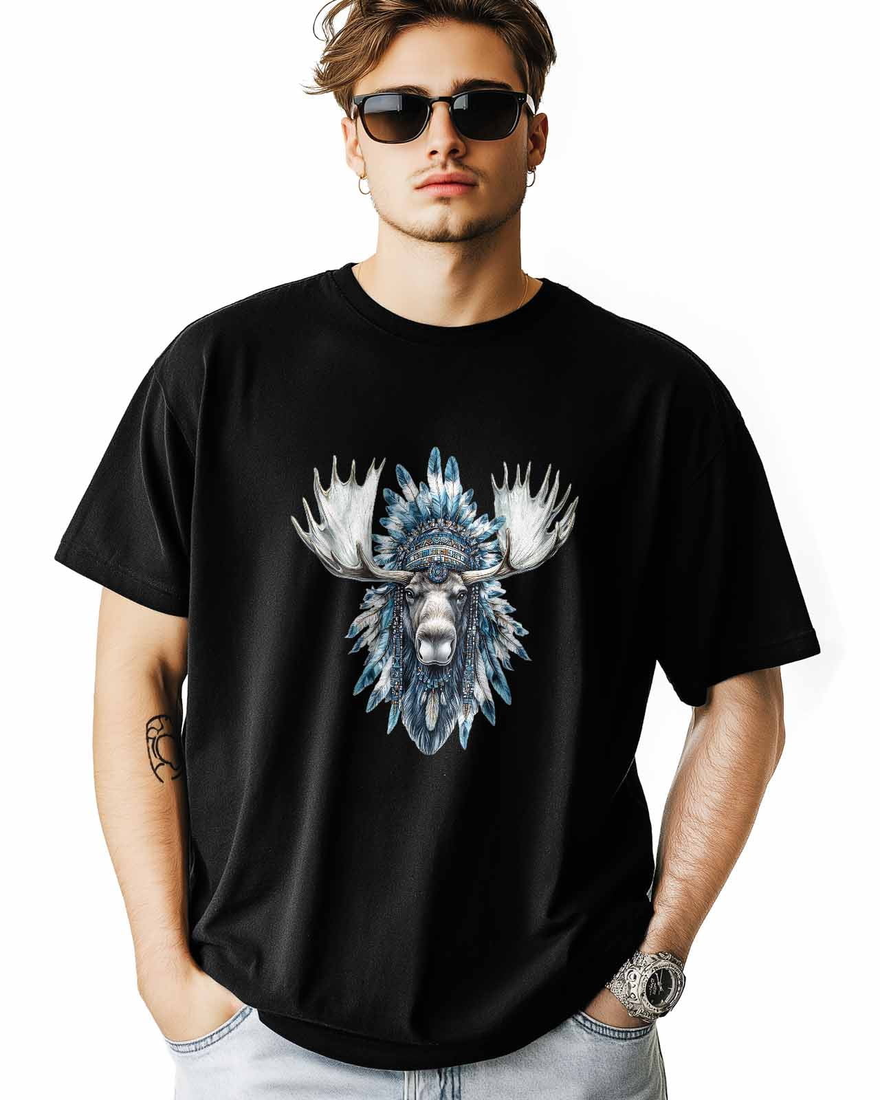 Men's T-Shirt Moose Head Feathers Indian Native Short Sleeve Casual Tee ...