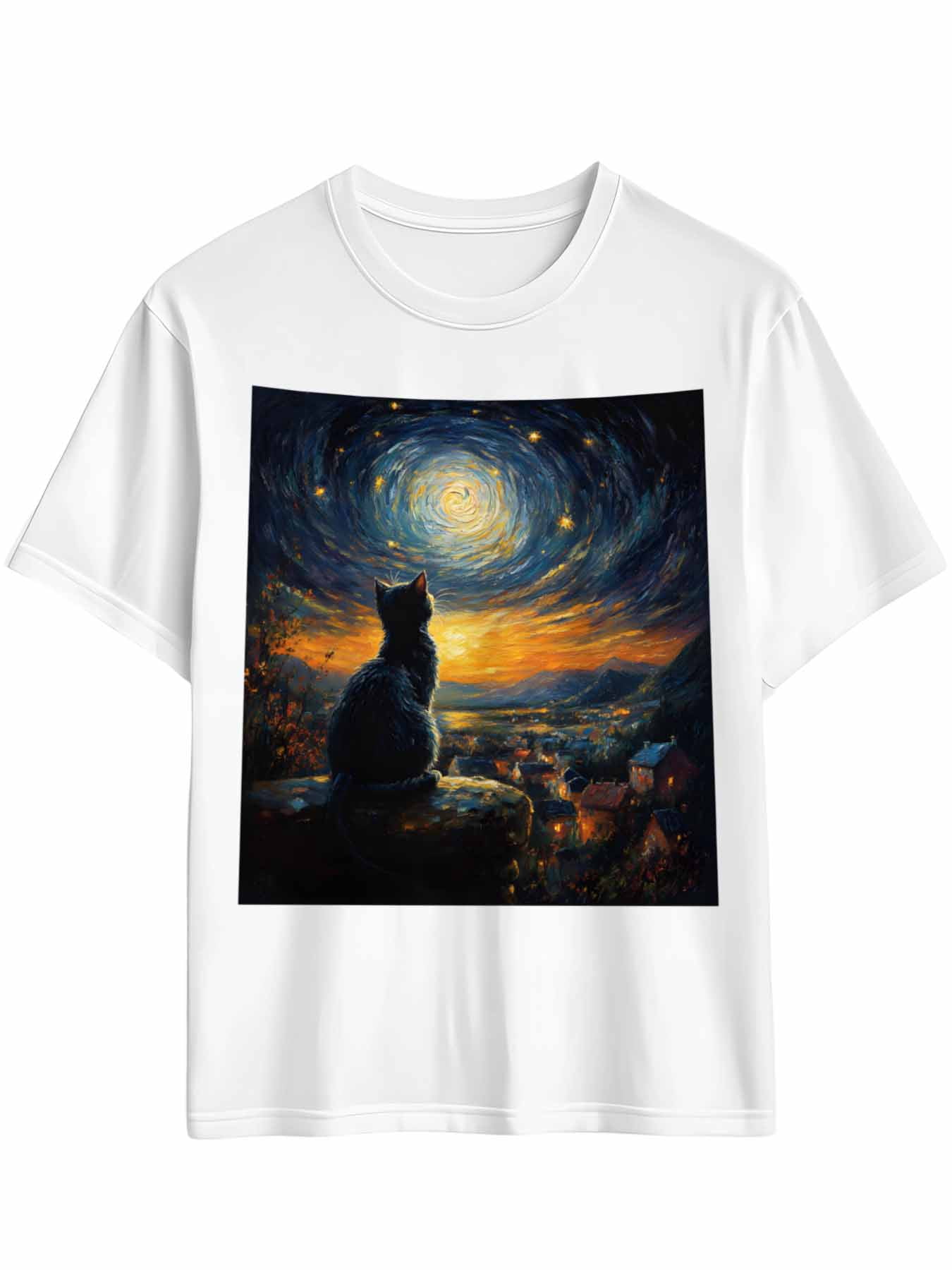 Men's T-Shirt Starry Sky Black Cat Moon Scenery Oil Painting Short ...