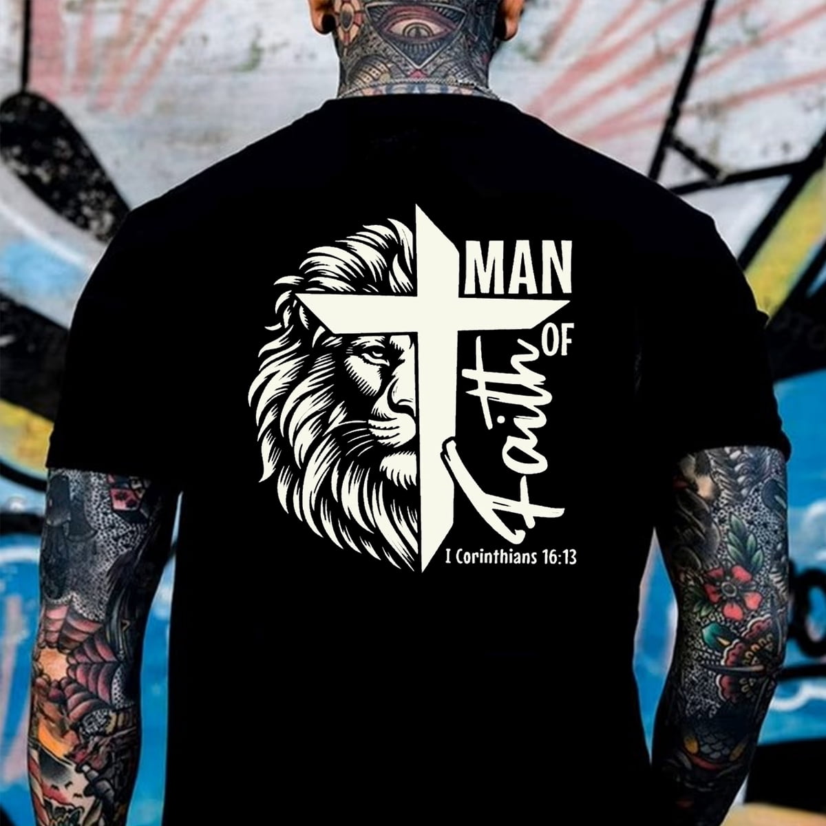 Men's T-Shirt with Lion Cross Print & "Man of Faith" - Clear Statement of Faith (1 Corinthians ...