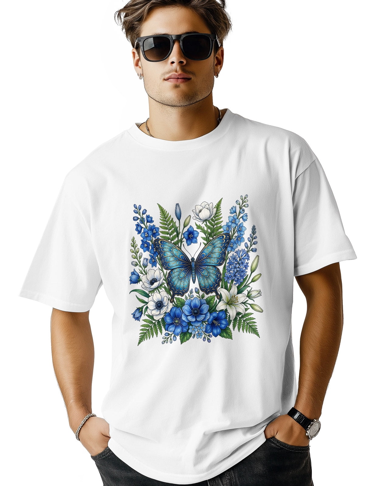 Men's T Shirts, Cartoon Blue White Butterfly Flowers Leaf T-Shirt for ...