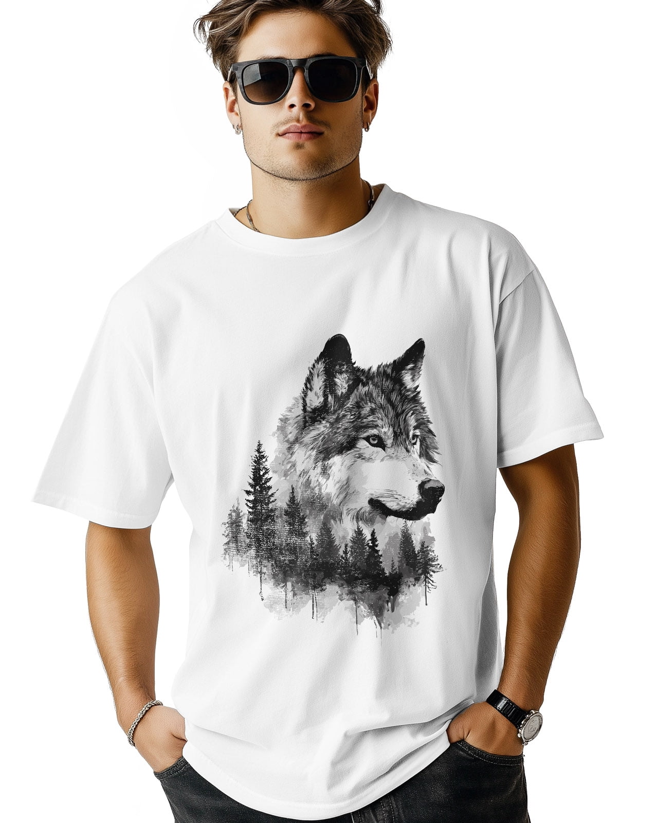 Men's T Shirts, Rustic Black White Wolf Pine Forest T-Shirt for Men ...