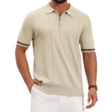 Men's Textured Polo Shirt Zip Up Ribbed Hem Short Sleeve Golf Polo ...