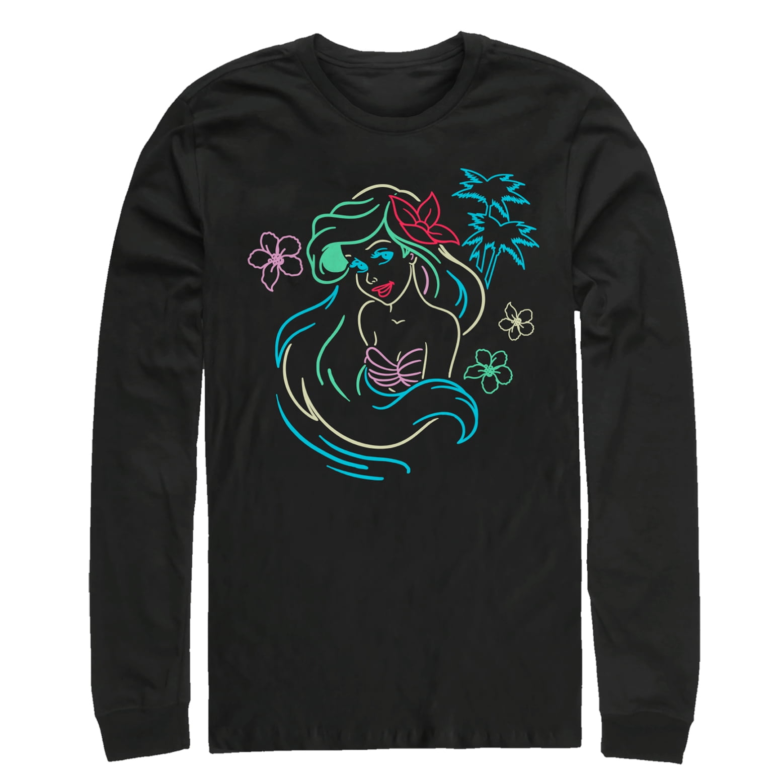 Men's The Little Mermaid Ariel Neon Light Print Long Sleeve Shirt Black ...