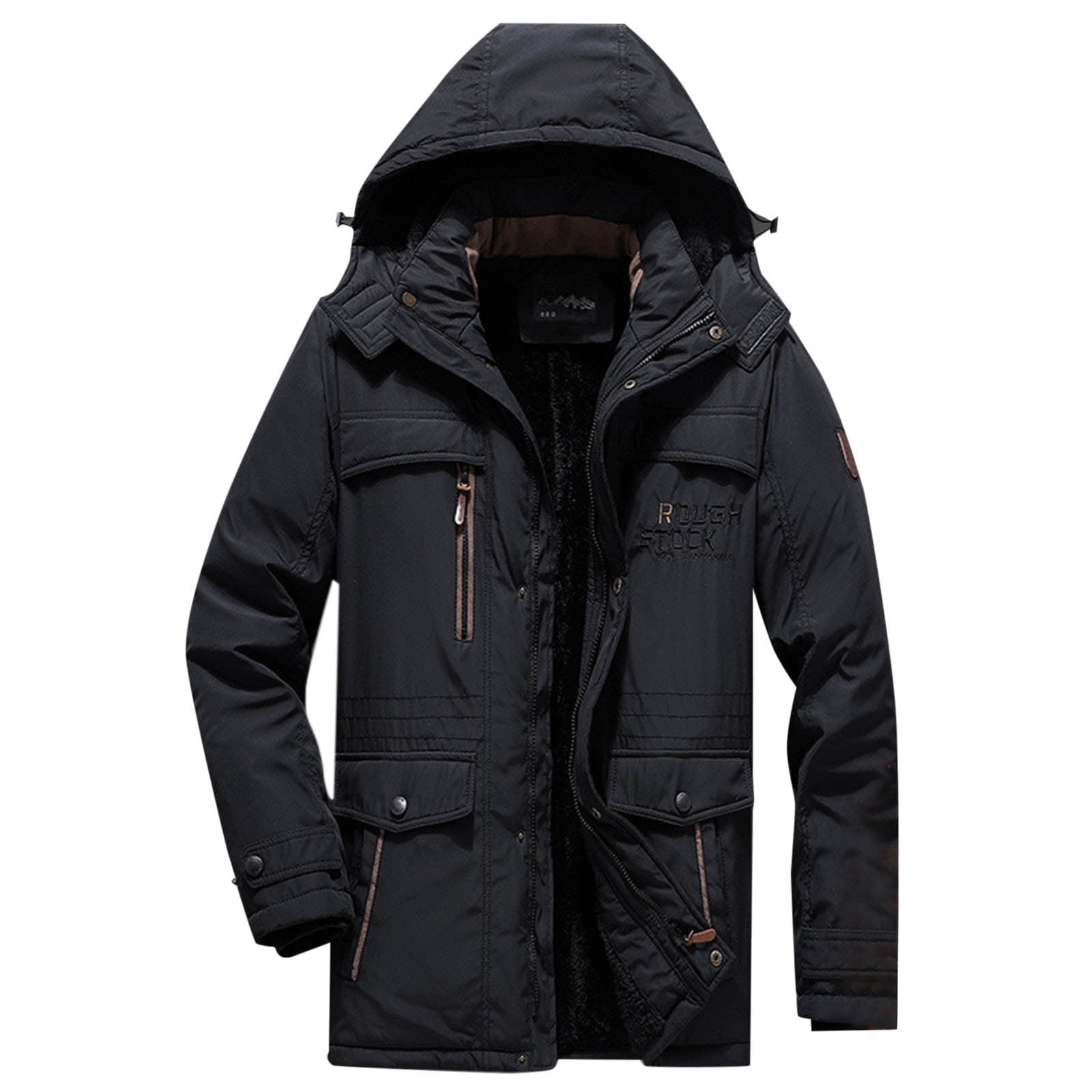 Men's Thicken Parka Jacket Fleece Lined Zipper Padded Long Jacket with ...