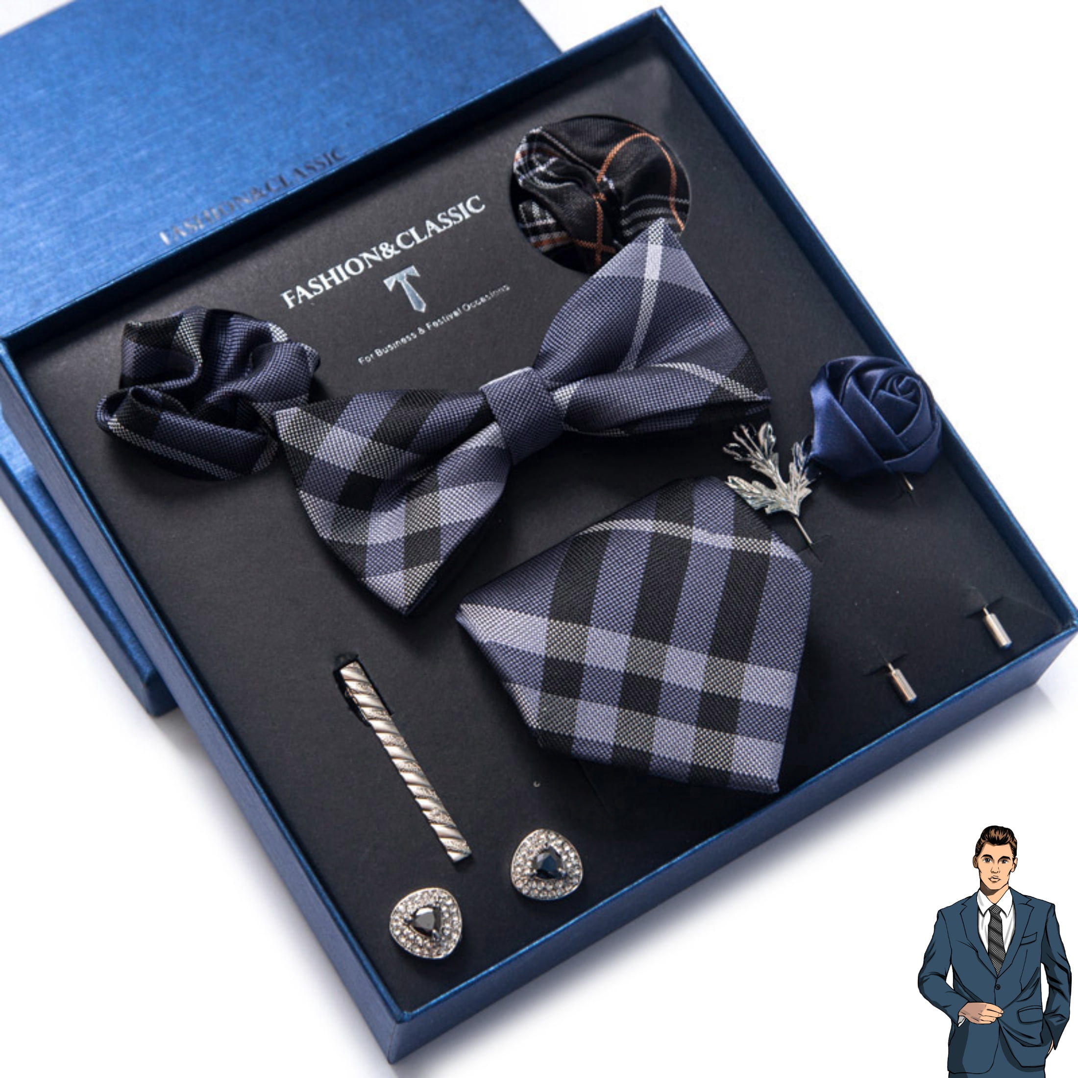Men’s Tie & Accessory Gift Set, 9-Piece Formal Necktie, Bow Tie, Pocket ...