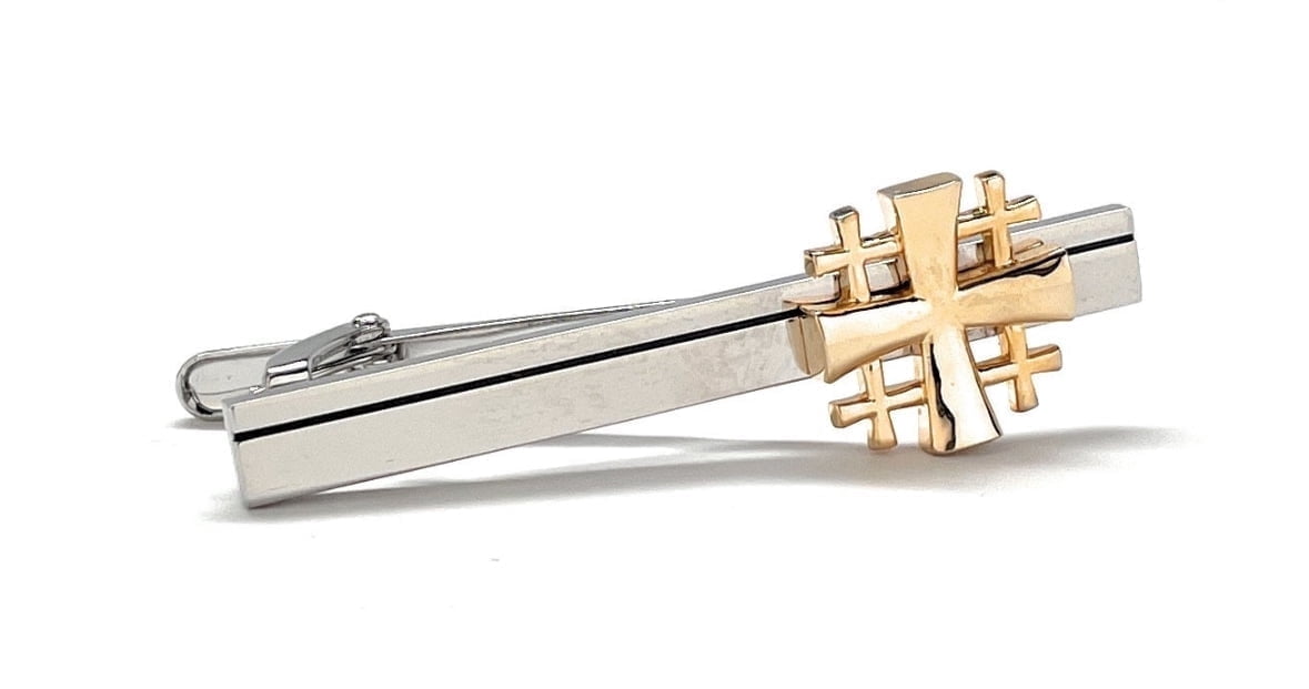 Jerusalem Cross Tie Clip – Silver and Gold Tone 3D Design – Christian ...