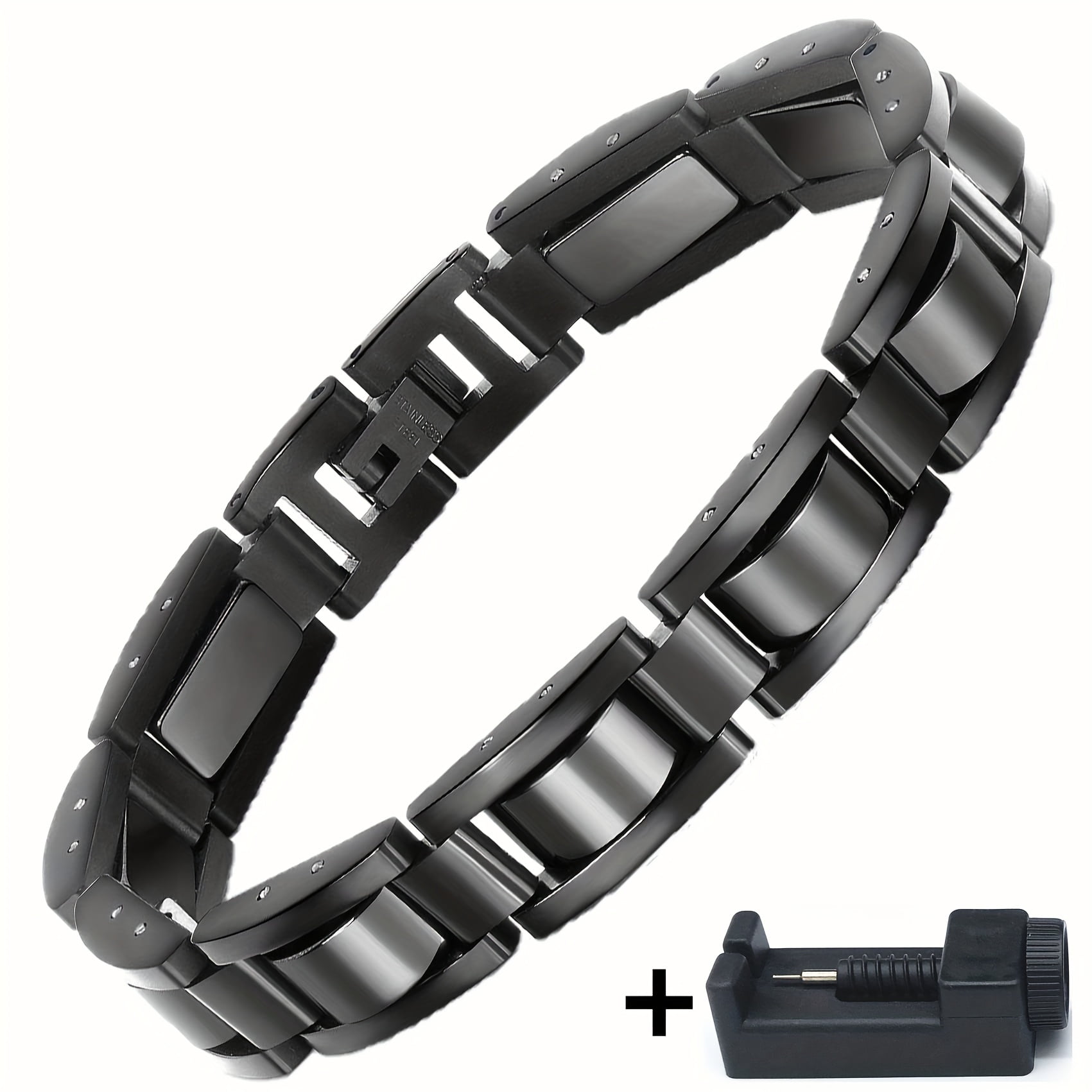 Men's Titanium 304 Stainless Steel Bracelet - Matte Black Modern Link ...
