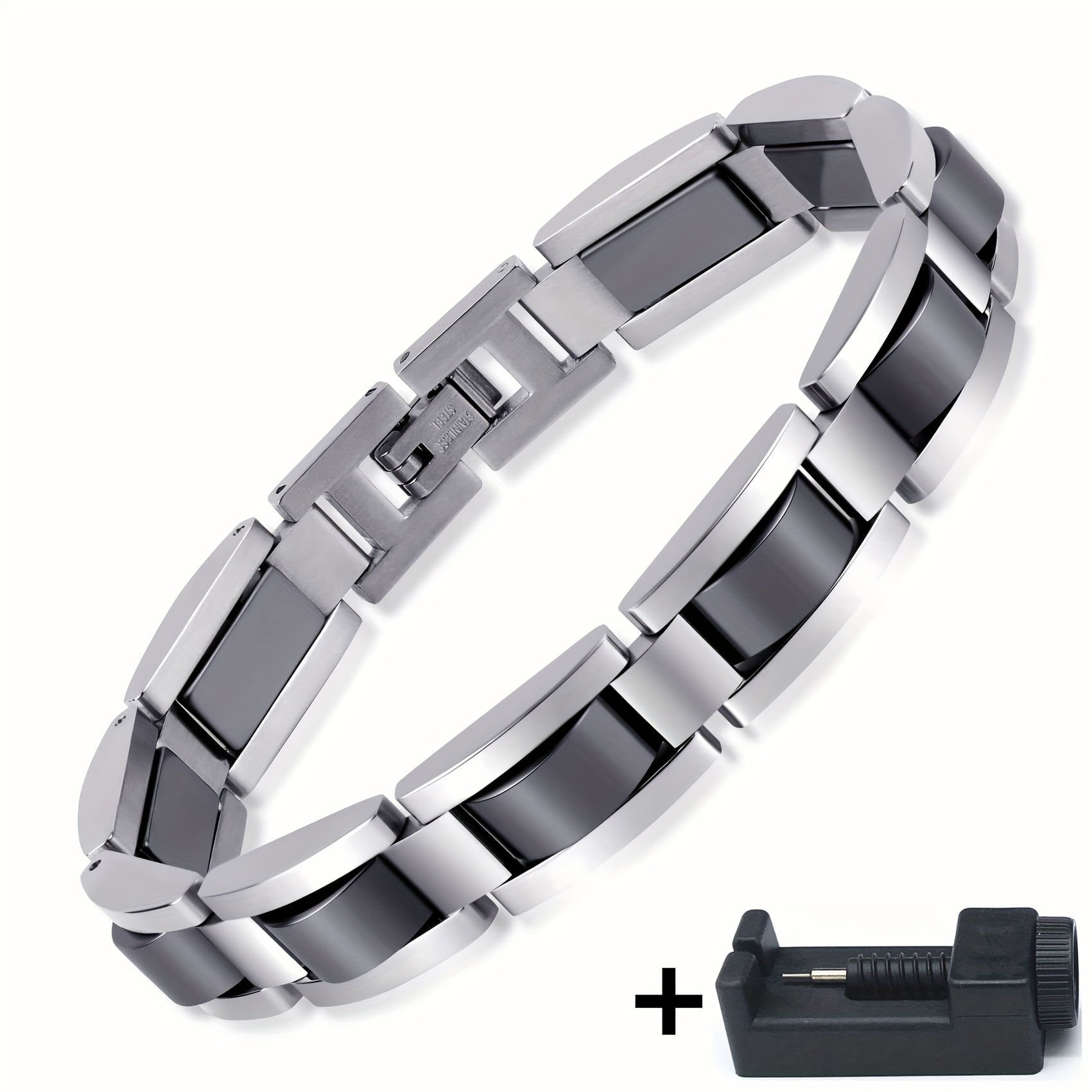 Men's Titanium 304 Stainless Steel Bracelet - Matte Black Modern Link ...