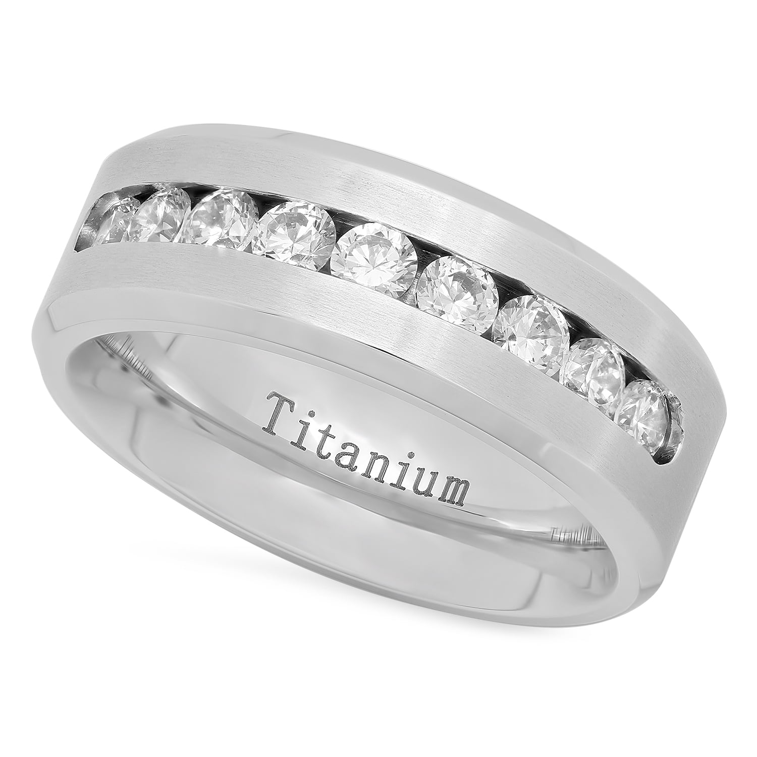 Men's Titanium 7mm Comfort Fit Wedding Ring w/Channel Set Cubic Zironia ...