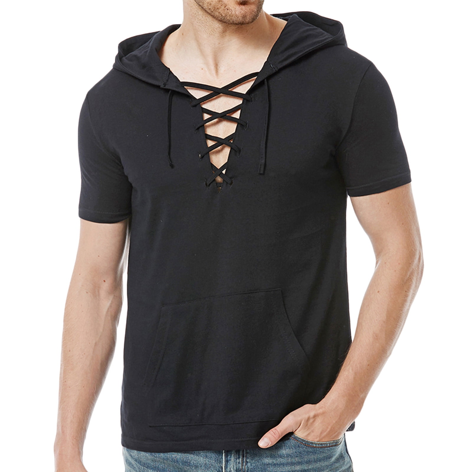 Men's Traditional Retro Style Lace up Short Sleeve Hooded Shirts for ...