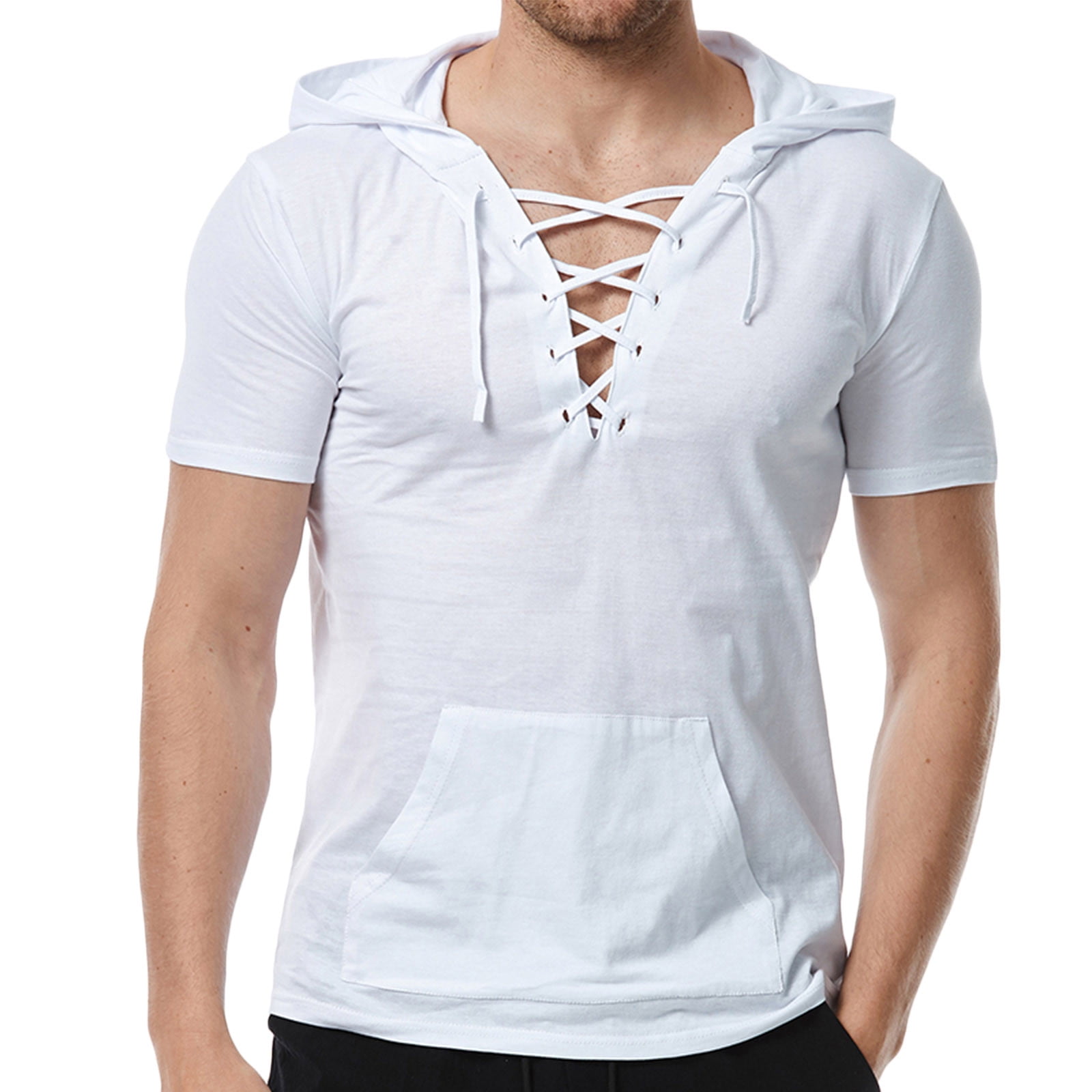 Men's Traditional Retro Style Lace up Short Sleeve Hooded Shirts for ...
