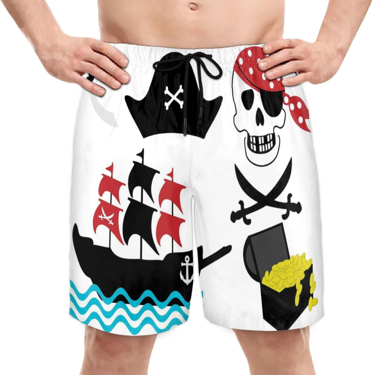 Men's Treasure Chest Pirate Skull Boat Swim Trunks Beach Shorts ...