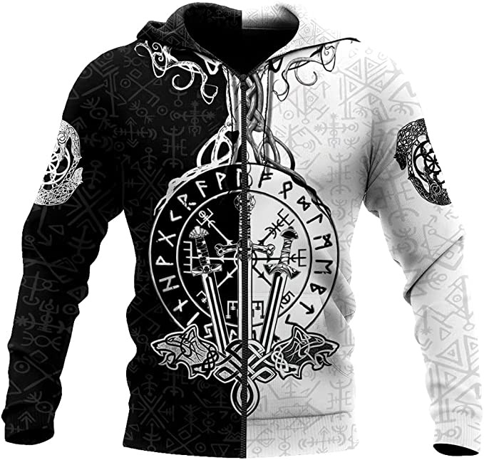 Men's Tree Of Life Vegvisir Crow Tattoo Full Zip Hoodie, Norse Mythology 3D Printed Long Sleeve ...